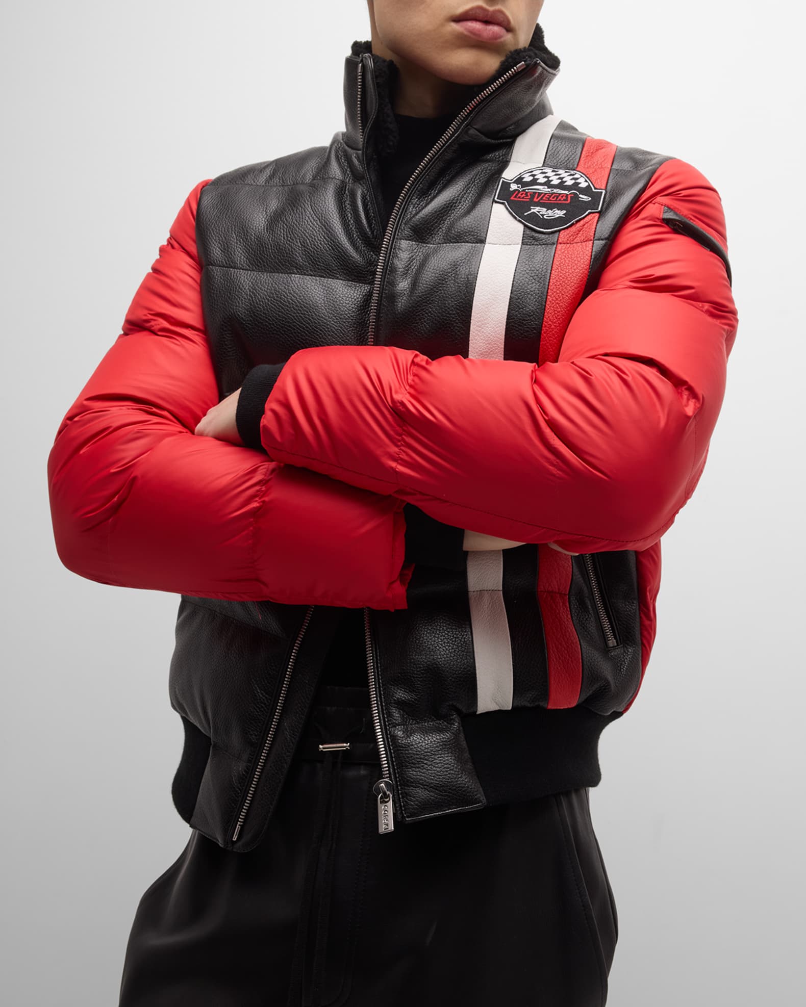 Gorski Men's Lamb Shearling-Trim Leather Racing Puffer Jacket | Neiman ...