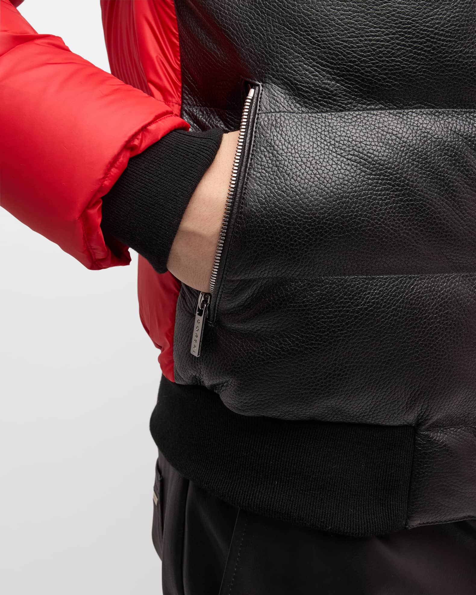 Gorski Men's Lamb Shearling-Trim Leather Racing Puffer Jacket | Neiman ...