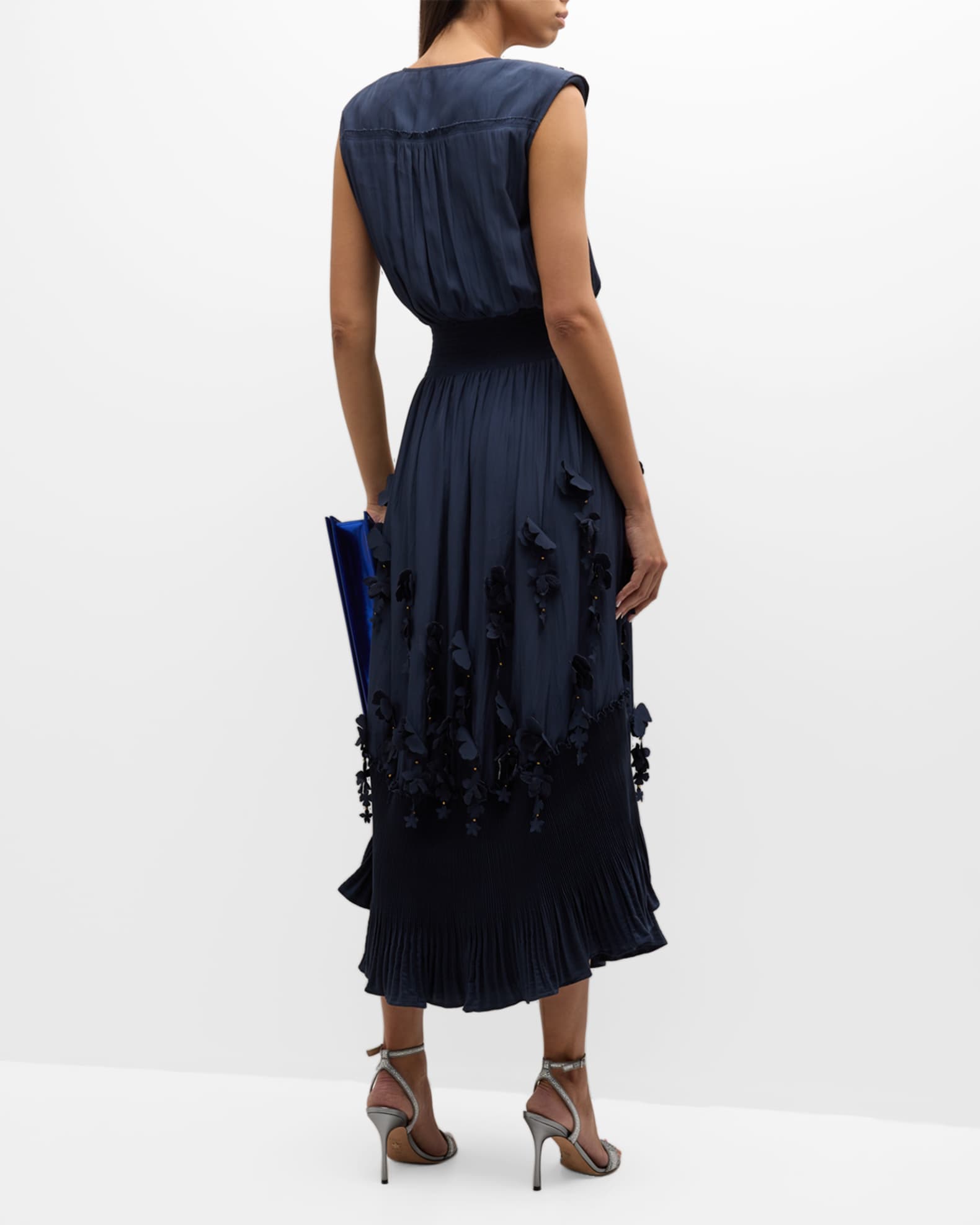 Ramy Brook Jacqueline Pleated Floral Applique Midi Dress | Neiman Marcus