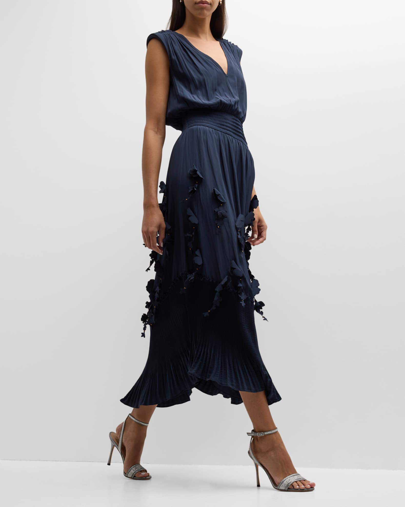 Ramy Brook Jacqueline Pleated Floral Applique Midi Dress | Neiman Marcus