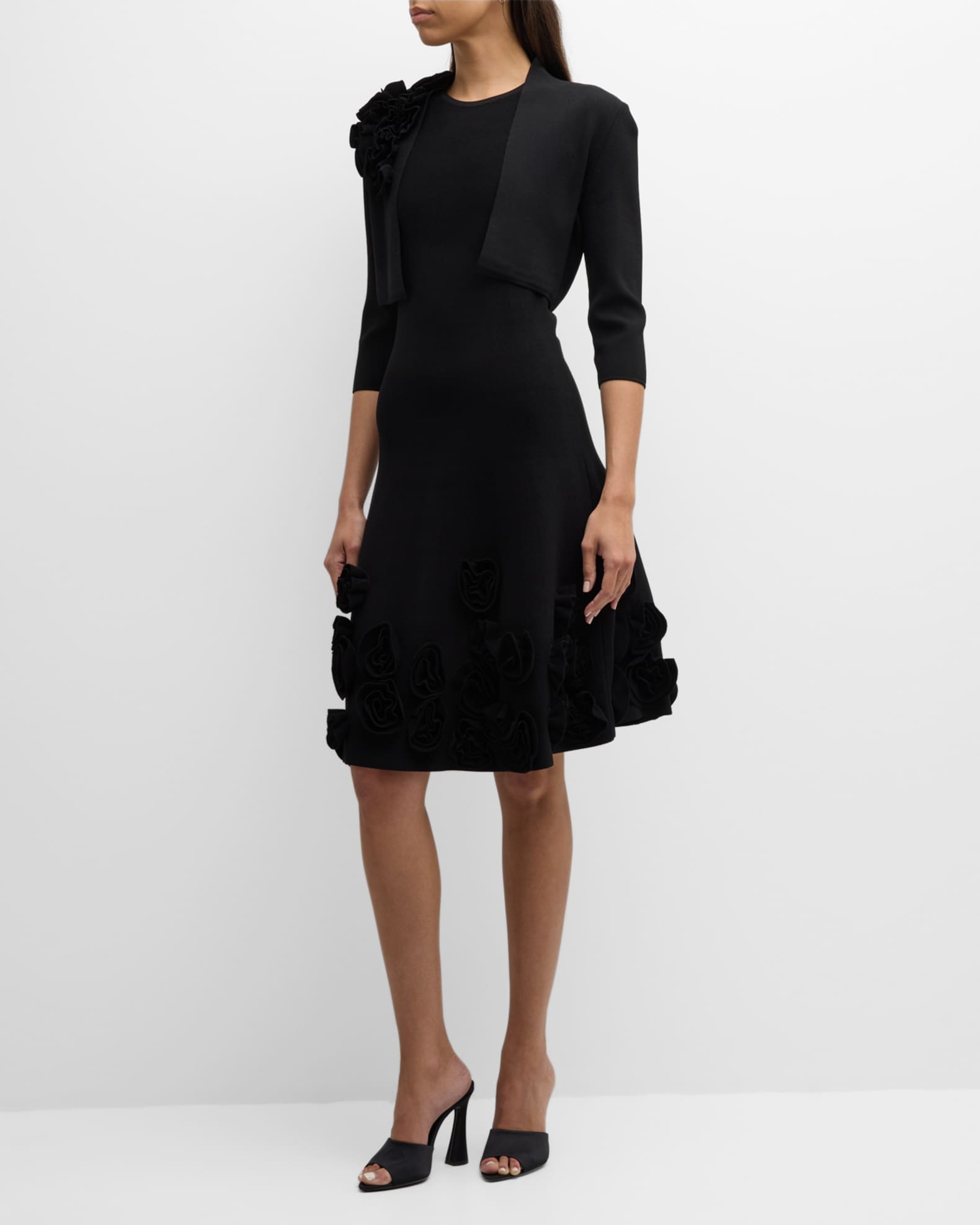 Lela Rose Flower Ruffle 3/4-Sleeve Bolero Jacket | Neiman Marcus