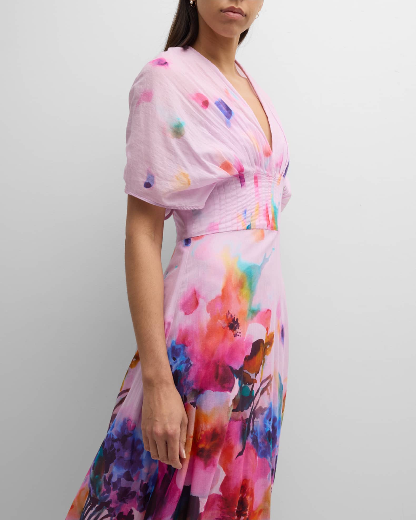 Lela Rose Isabel Watercolor Floral-Print Short-Sleeve Pleated-Waist ...