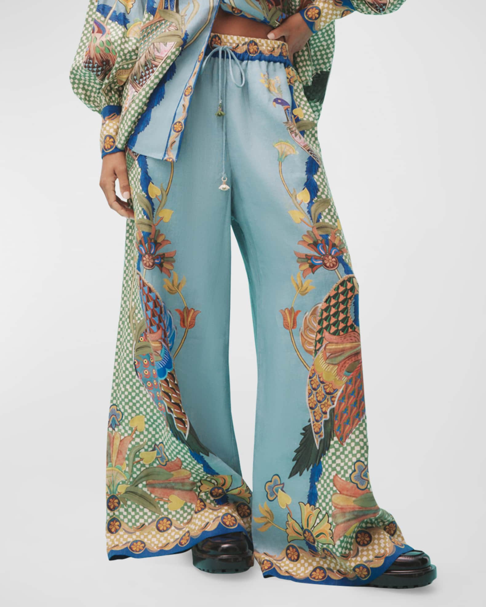 ALEMAIS Gilly Bird-Print Wide-Leg Linen Pants | Neiman Marcus