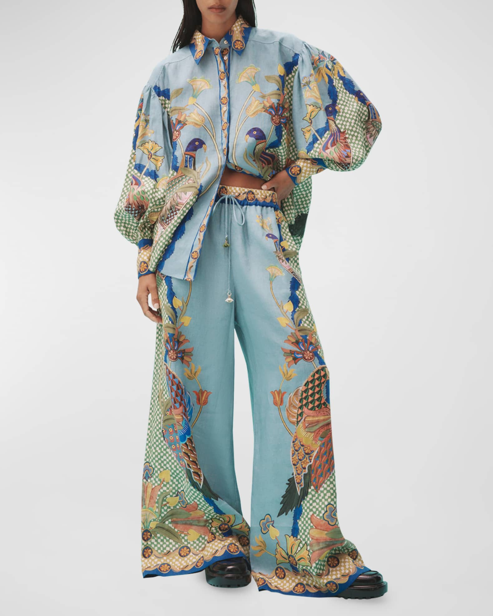 ALEMAIS Gilly Bird-Print Wide-Leg Linen Pants | Neiman Marcus