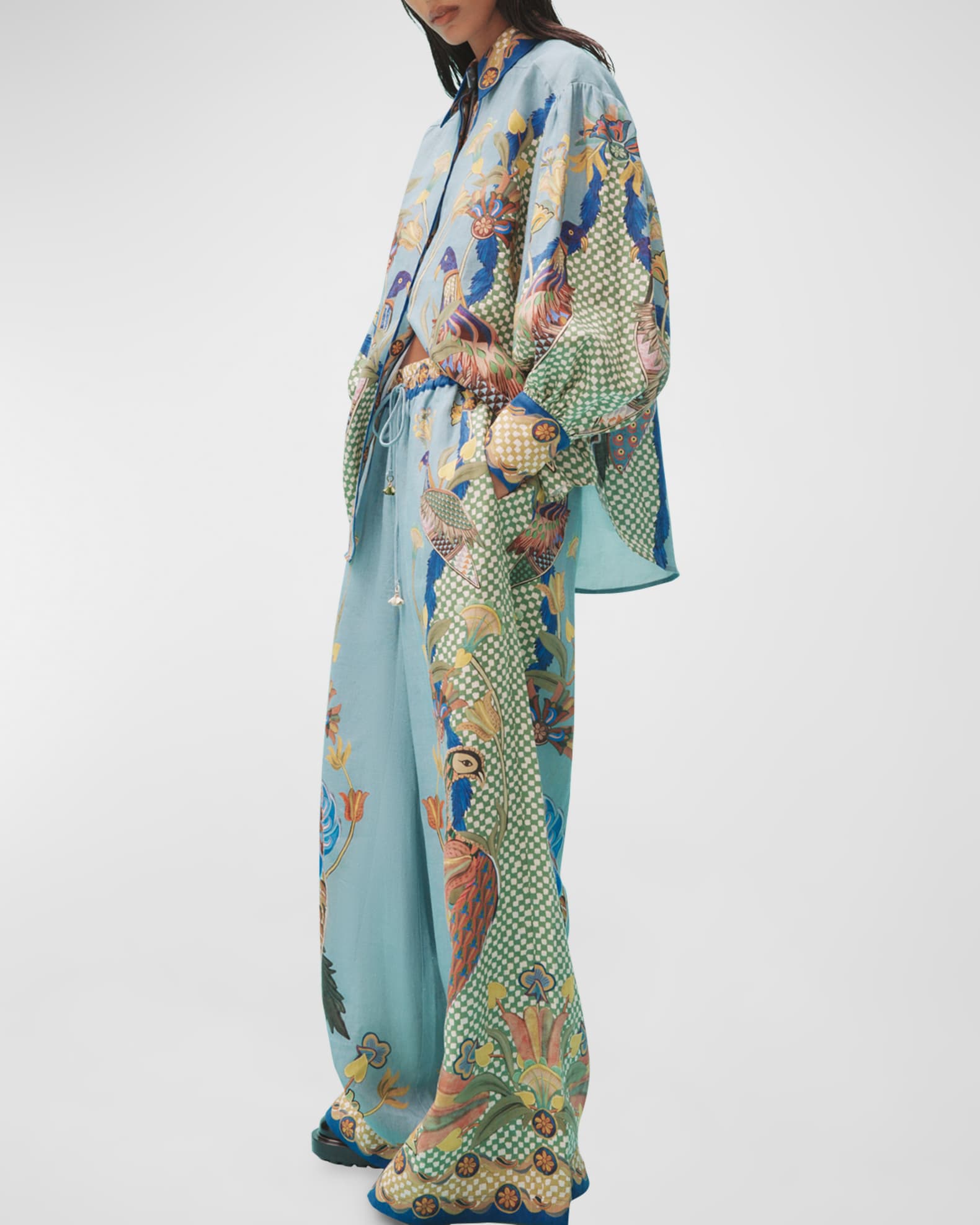 ALEMAIS Gilly Bird-Print Wide-Leg Linen Pants | Neiman Marcus
