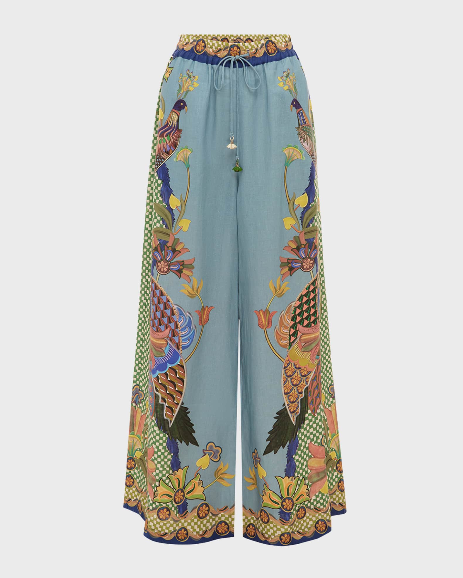 ALEMAIS Gilly Bird-Print Wide-Leg Linen Pants | Neiman Marcus