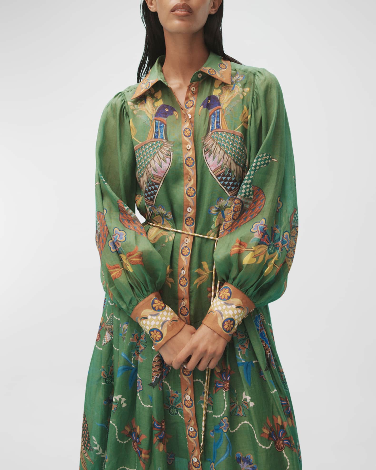 ALEMAIS Birdie Print Balloon-Sleeve Midi Shirtdress | Neiman Marcus