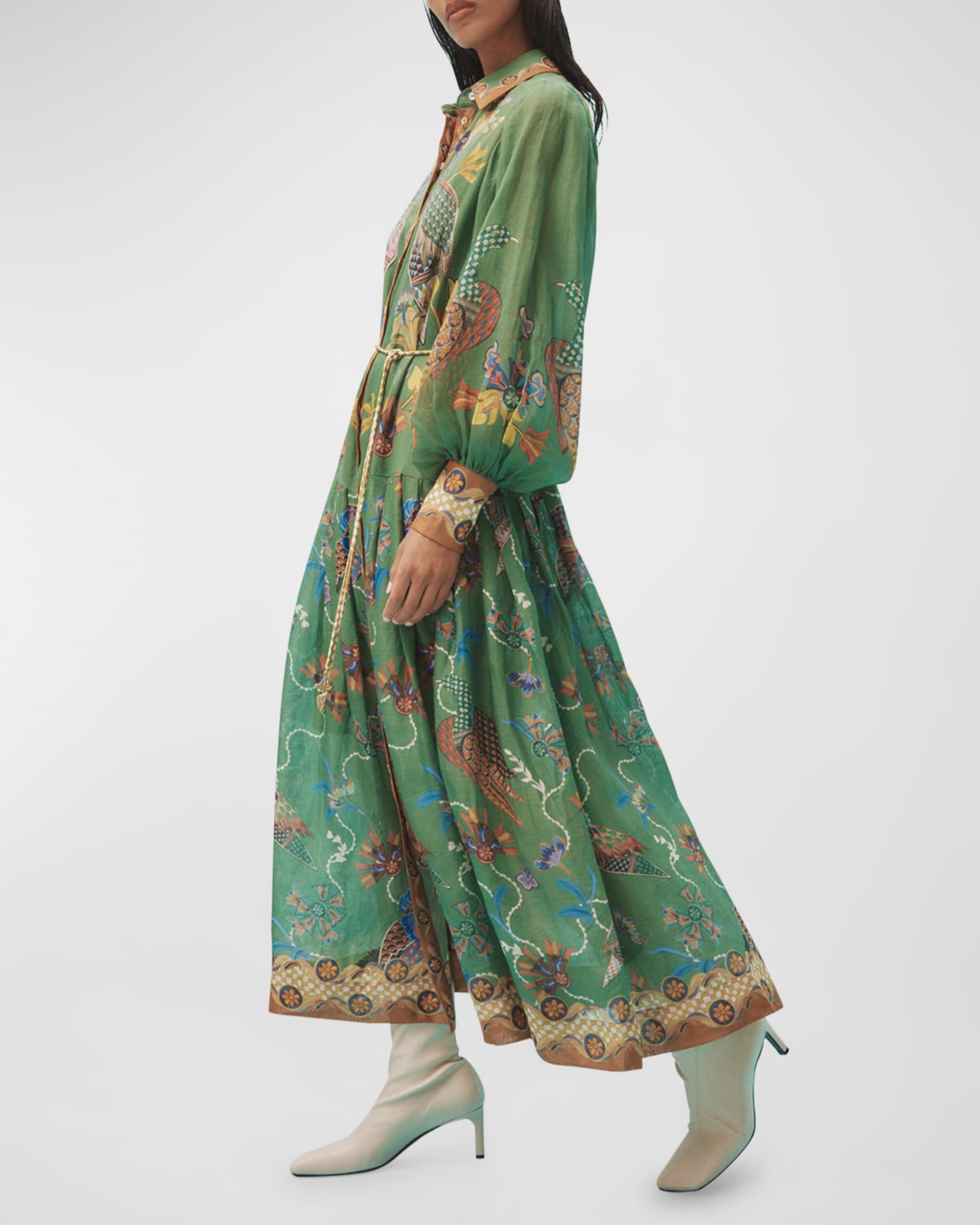 ALEMAIS Birdie Print Balloon-Sleeve Midi Shirtdress | Neiman Marcus