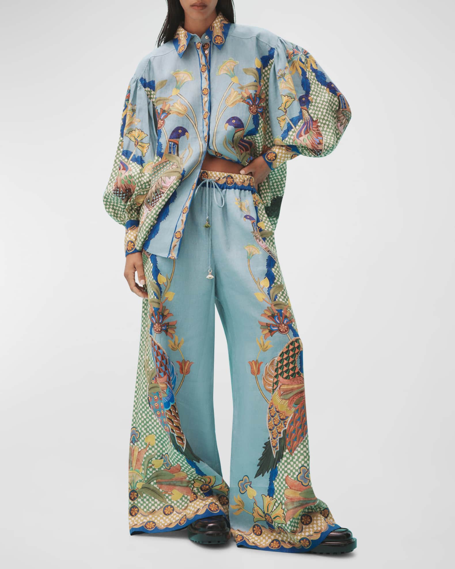 ALEMAIS Gilly Bird-Print Linen Button-Front Shirt | Neiman Marcus