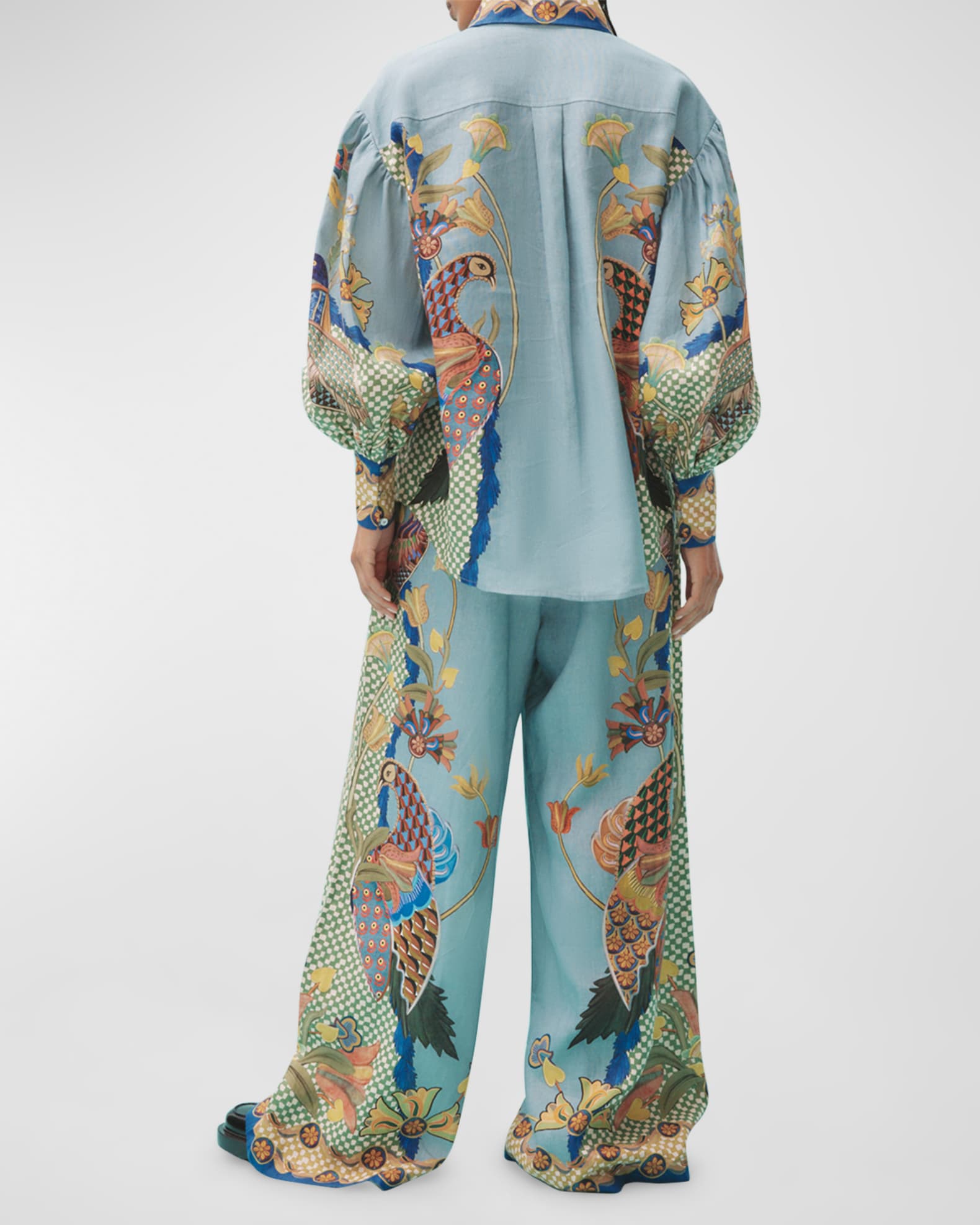 ALEMAIS Gilly Bird-Print Linen Button-Front Shirt | Neiman Marcus