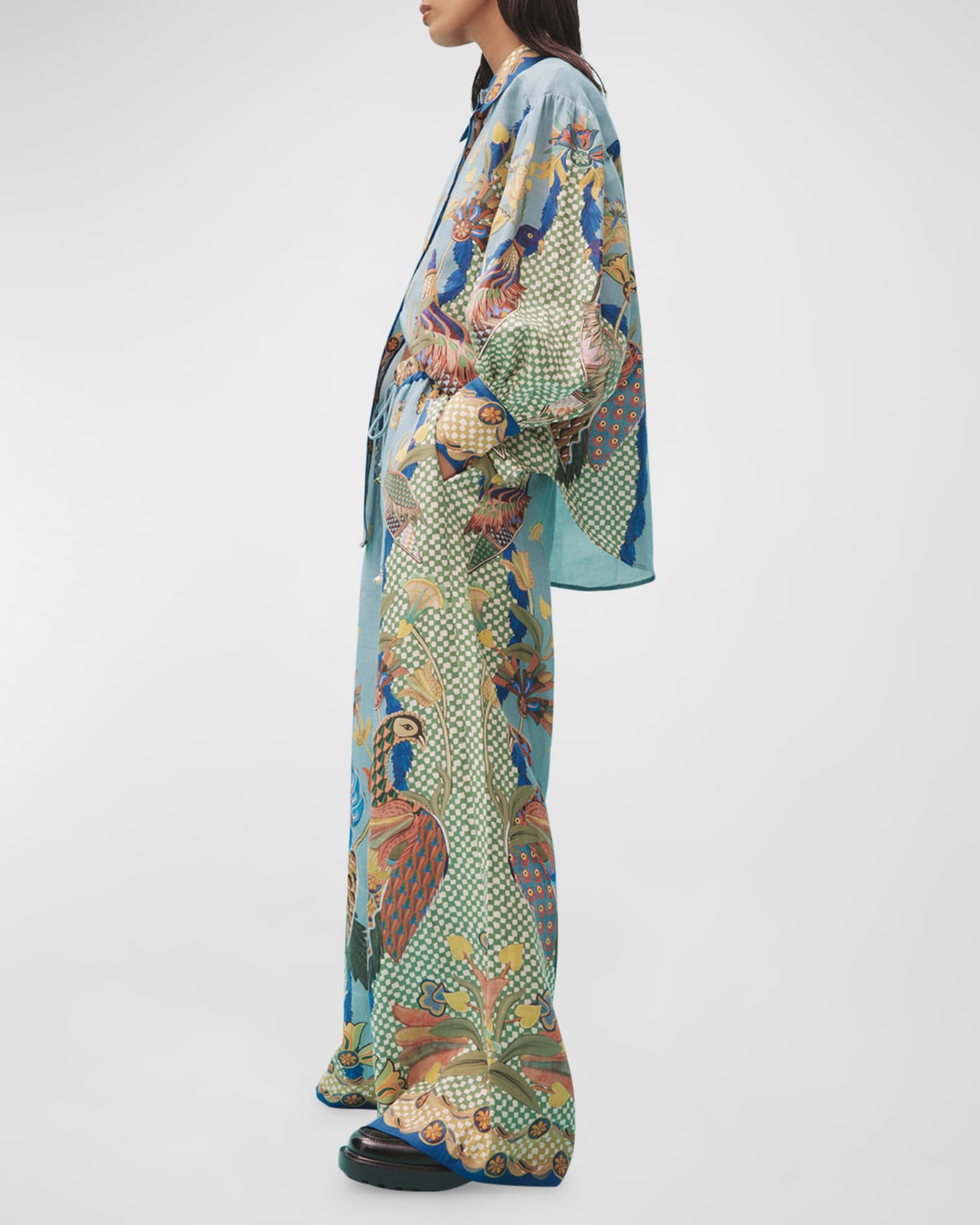 ALEMAIS Gilly Bird-Print Linen Button-Front Shirt | Neiman Marcus