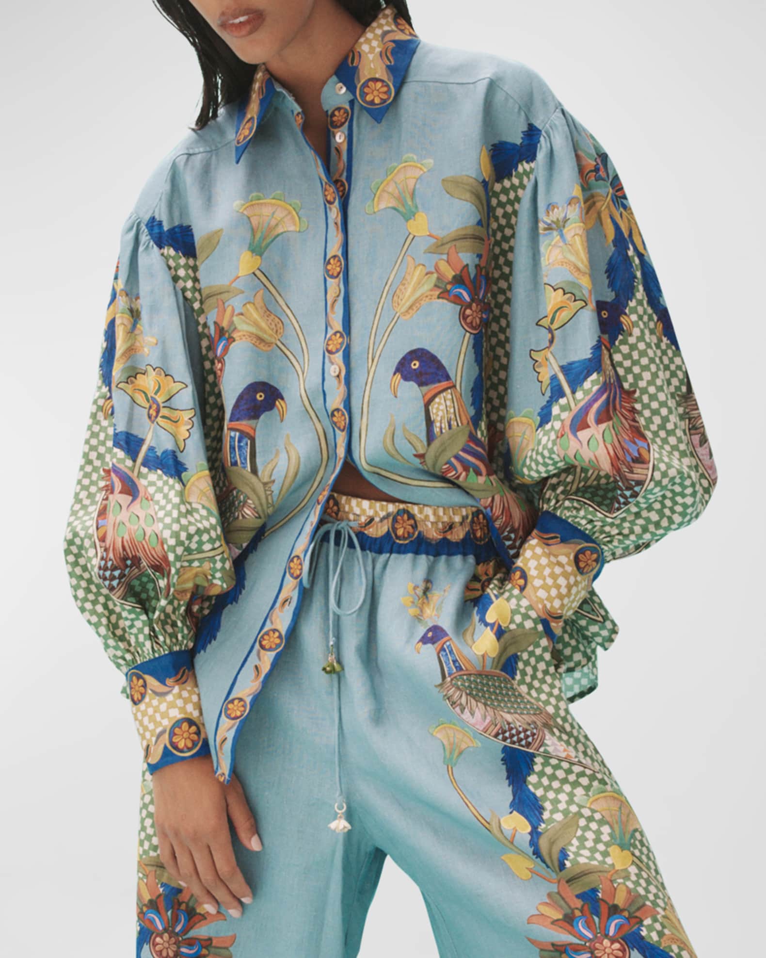 ALEMAIS Gilly Bird-Print Linen Button-Front Shirt | Neiman Marcus