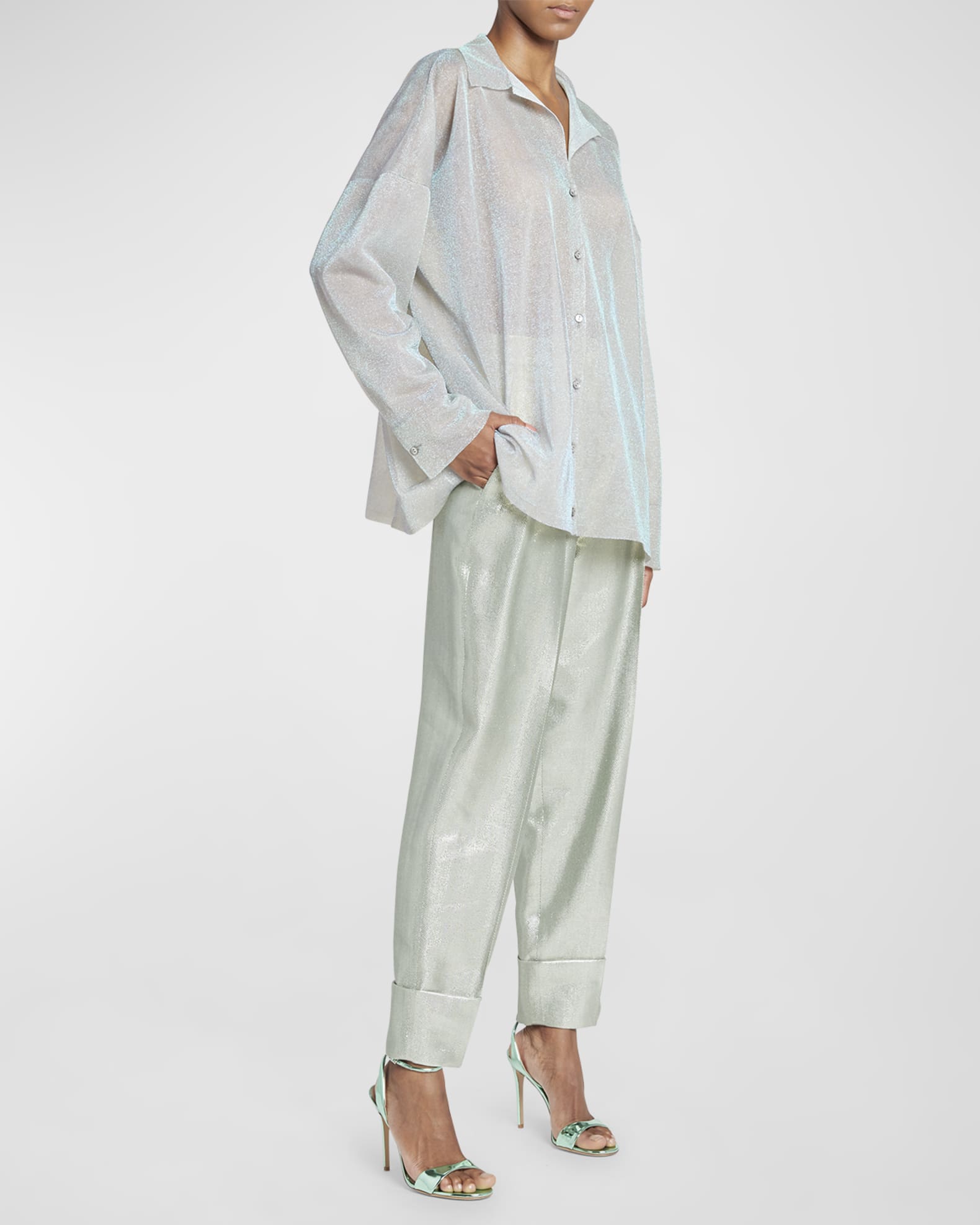Giorgio Armani Sheer Metallic Oversized Collared Blouse | Neiman Marcus
