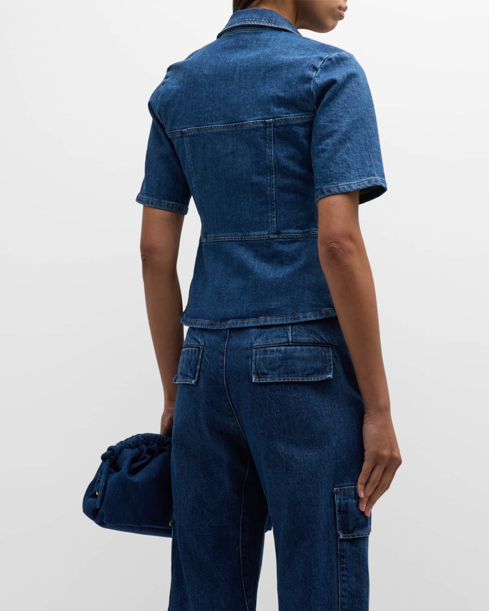 SIMKHAI Carole Short-Sleeve Denim Bustier Top | Neiman Marcus