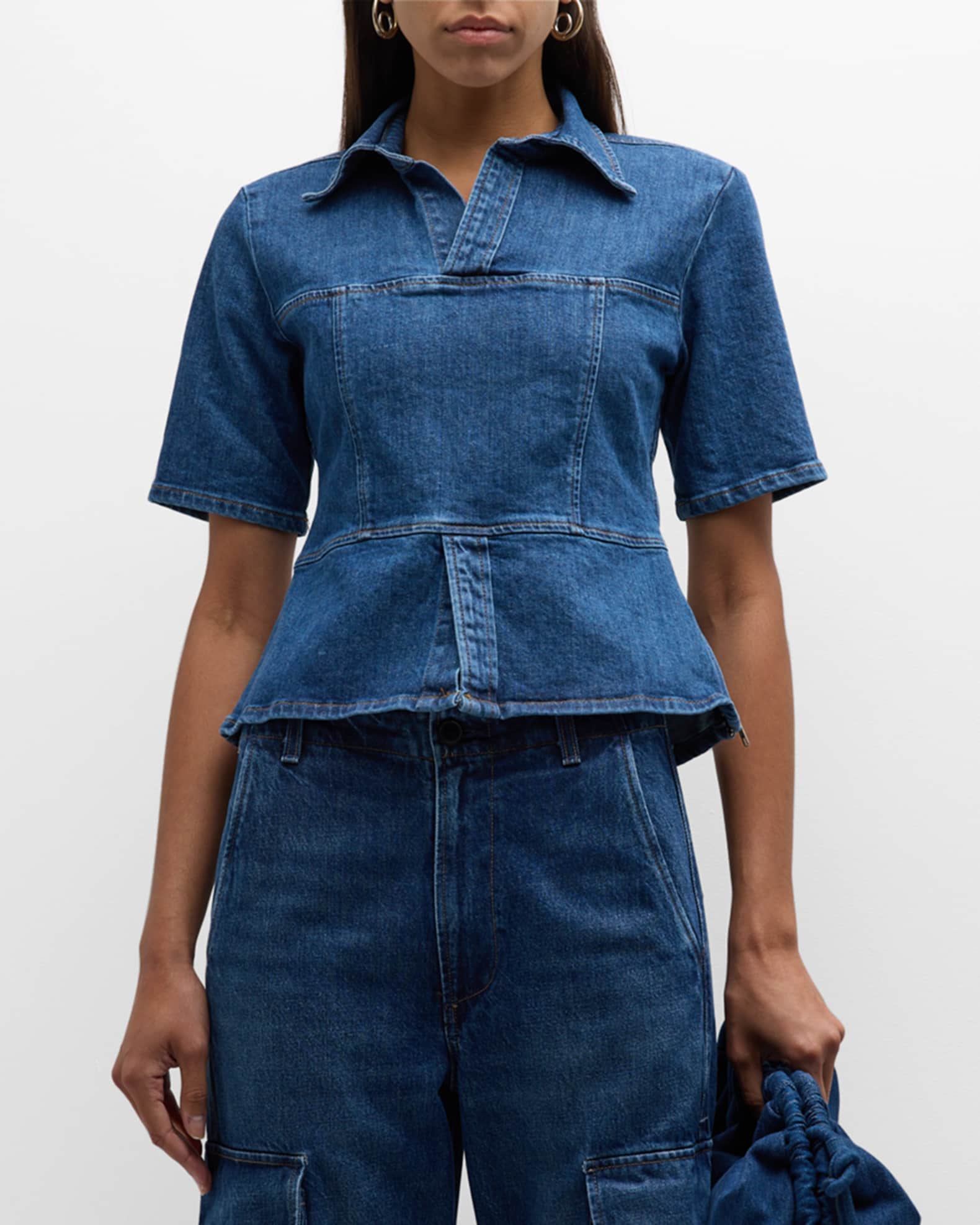 SIMKHAI Carole Short-Sleeve Denim Bustier Top | Neiman Marcus