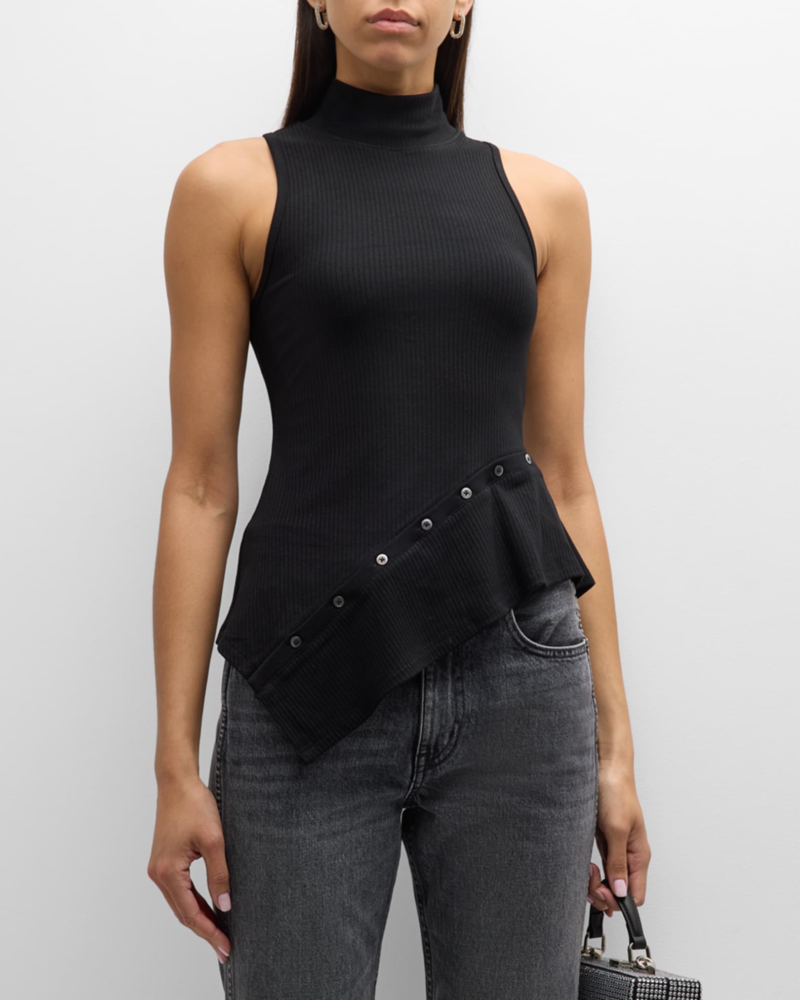 SIMKHAI Miko Mock-Neck Asymmetric Sleeveless Rib Top | Neiman Marcus