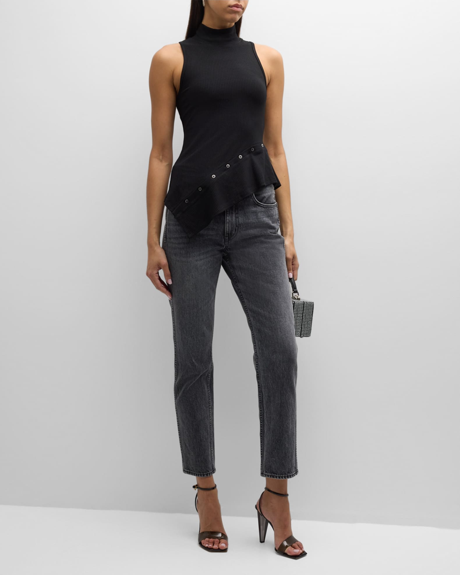 SIMKHAI Miko Mock-Neck Asymmetric Sleeveless Rib Top | Neiman Marcus