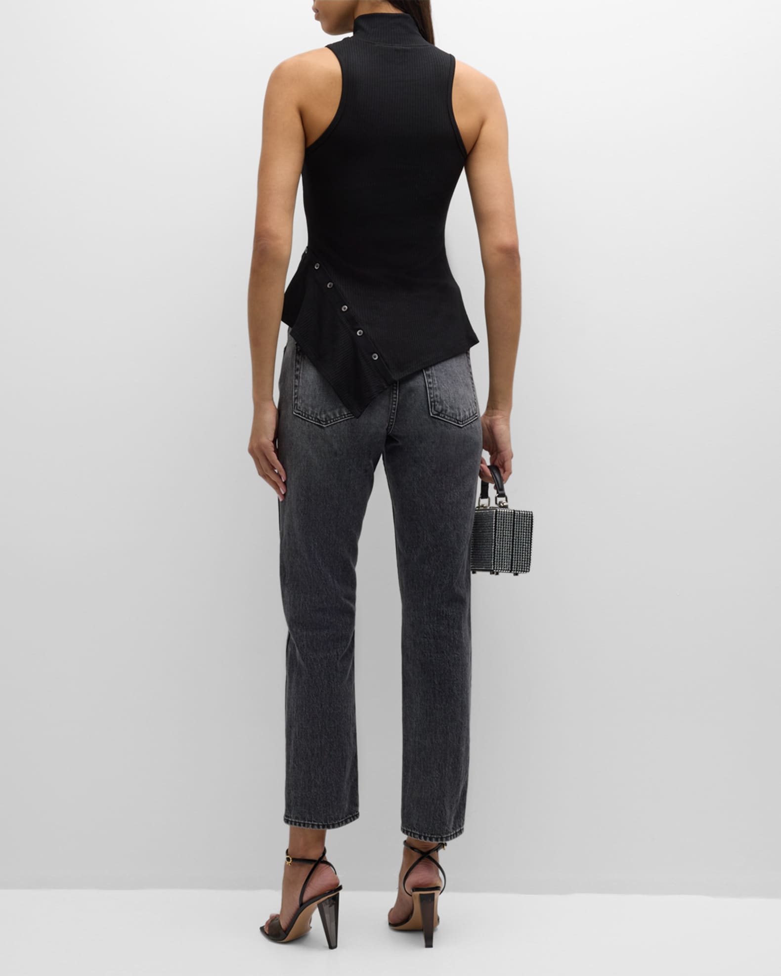 SIMKHAI Miko Mock-Neck Asymmetric Sleeveless Rib Top | Neiman Marcus