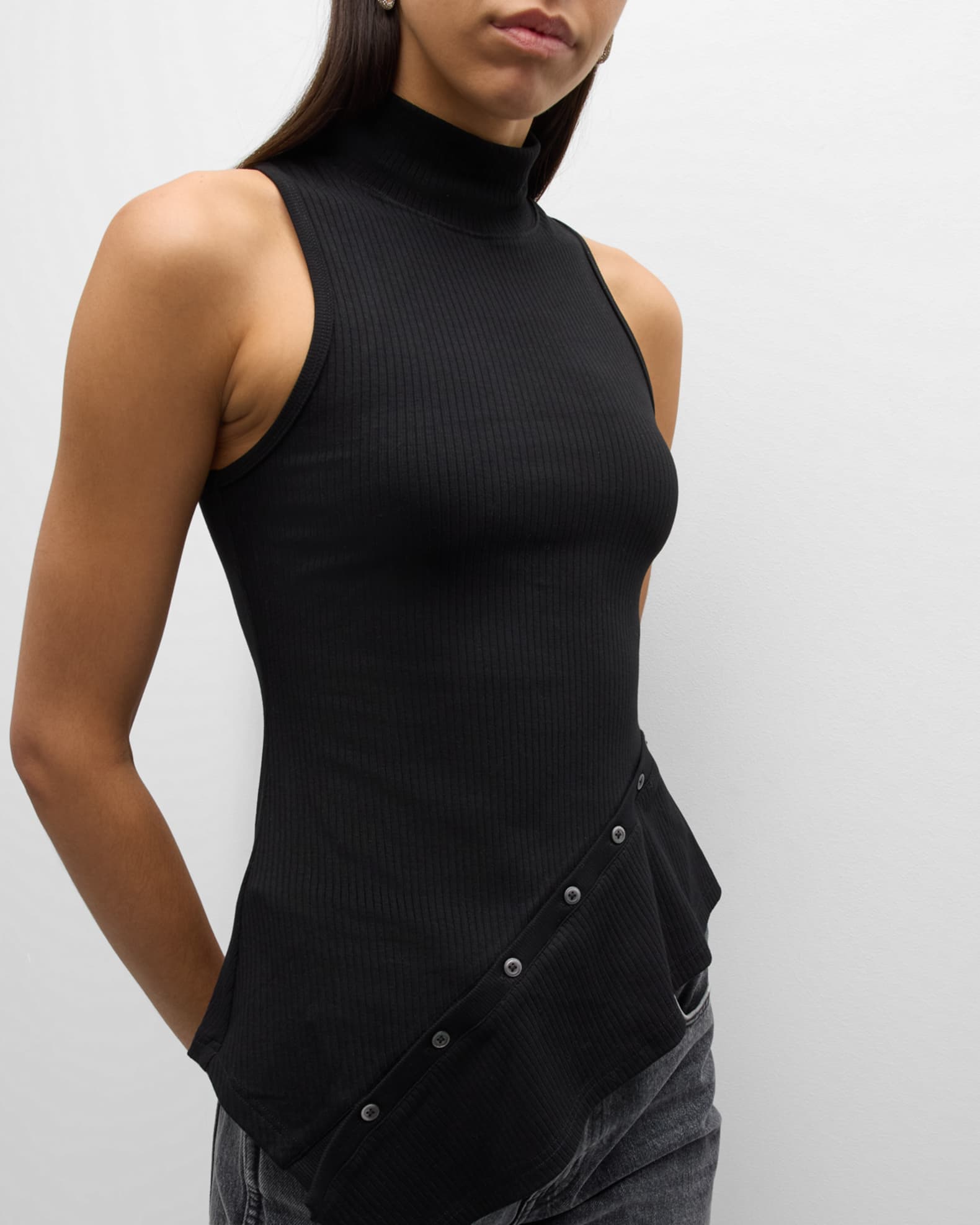 SIMKHAI Miko Mock-Neck Asymmetric Sleeveless Rib Top | Neiman Marcus