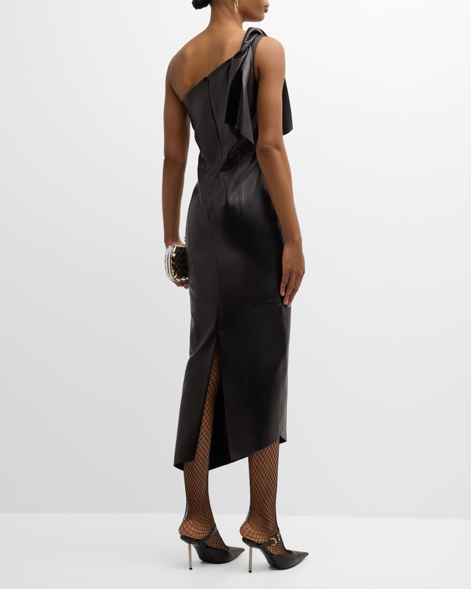 Salon 1884 Iris Twisted Bow One-Shoulder Leather Midi Dress | Neiman Marcus