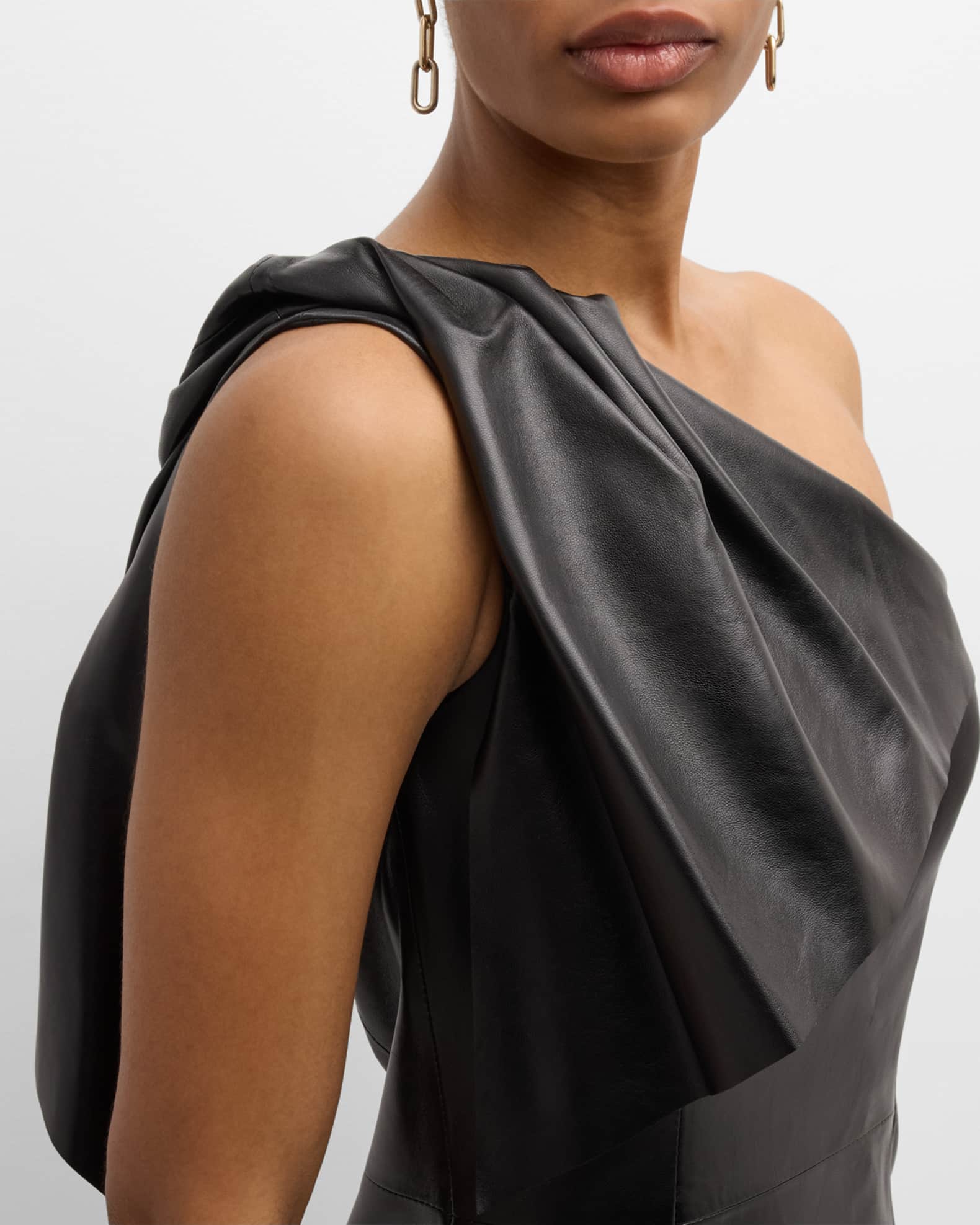 Salon 1884 Iris Twisted Bow One-Shoulder Leather Midi Dress | Neiman Marcus