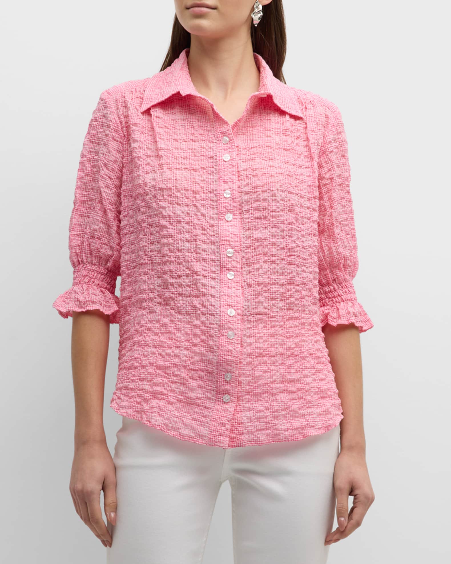 Finley Sirena Crinkled Plaid-Print Button-Down Shirt | Neiman Marcus