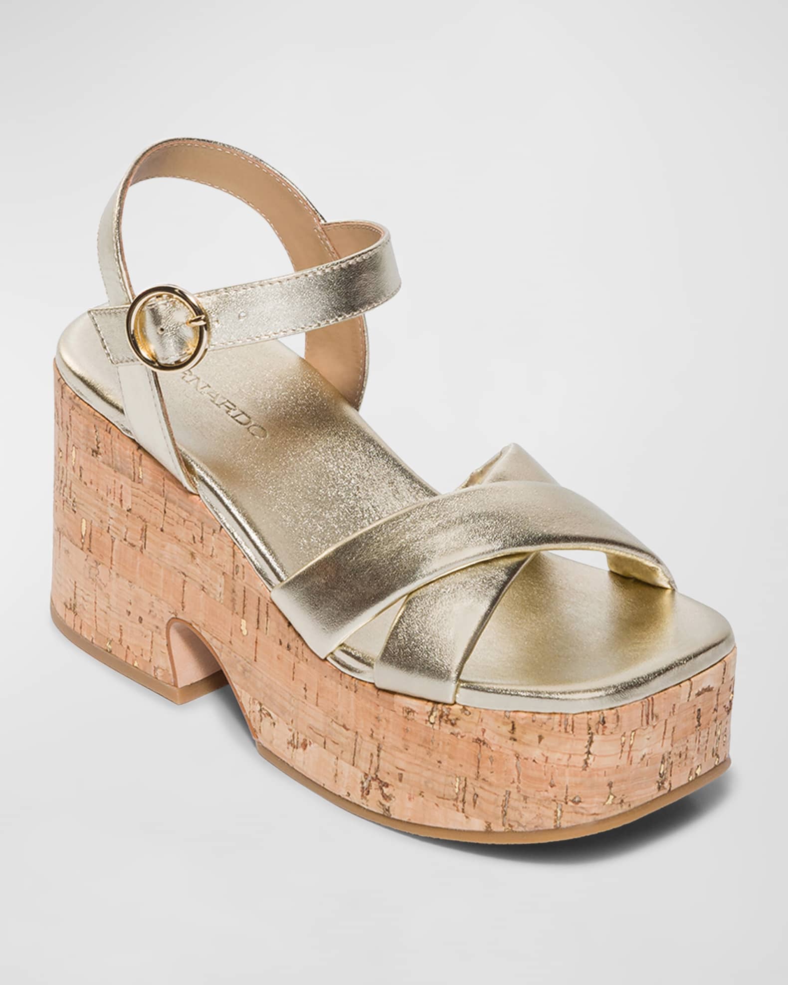 Bernardo Metallic Crisscross Cork Platform Sandals | Neiman Marcus