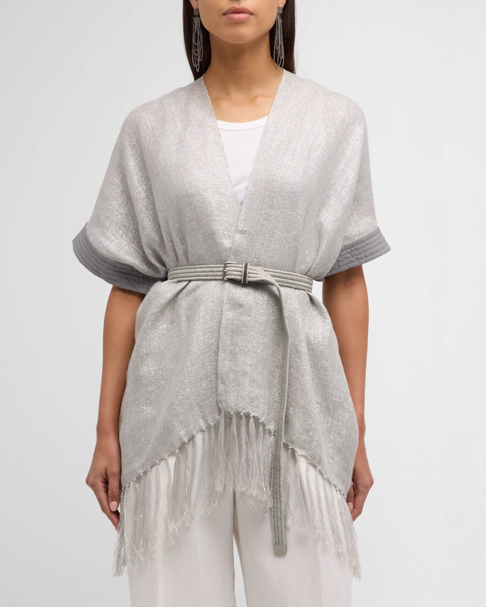 Brunello Cucinelli Metallic Fringe-Trim Wrap Kimono Jacket | Neiman Marcus