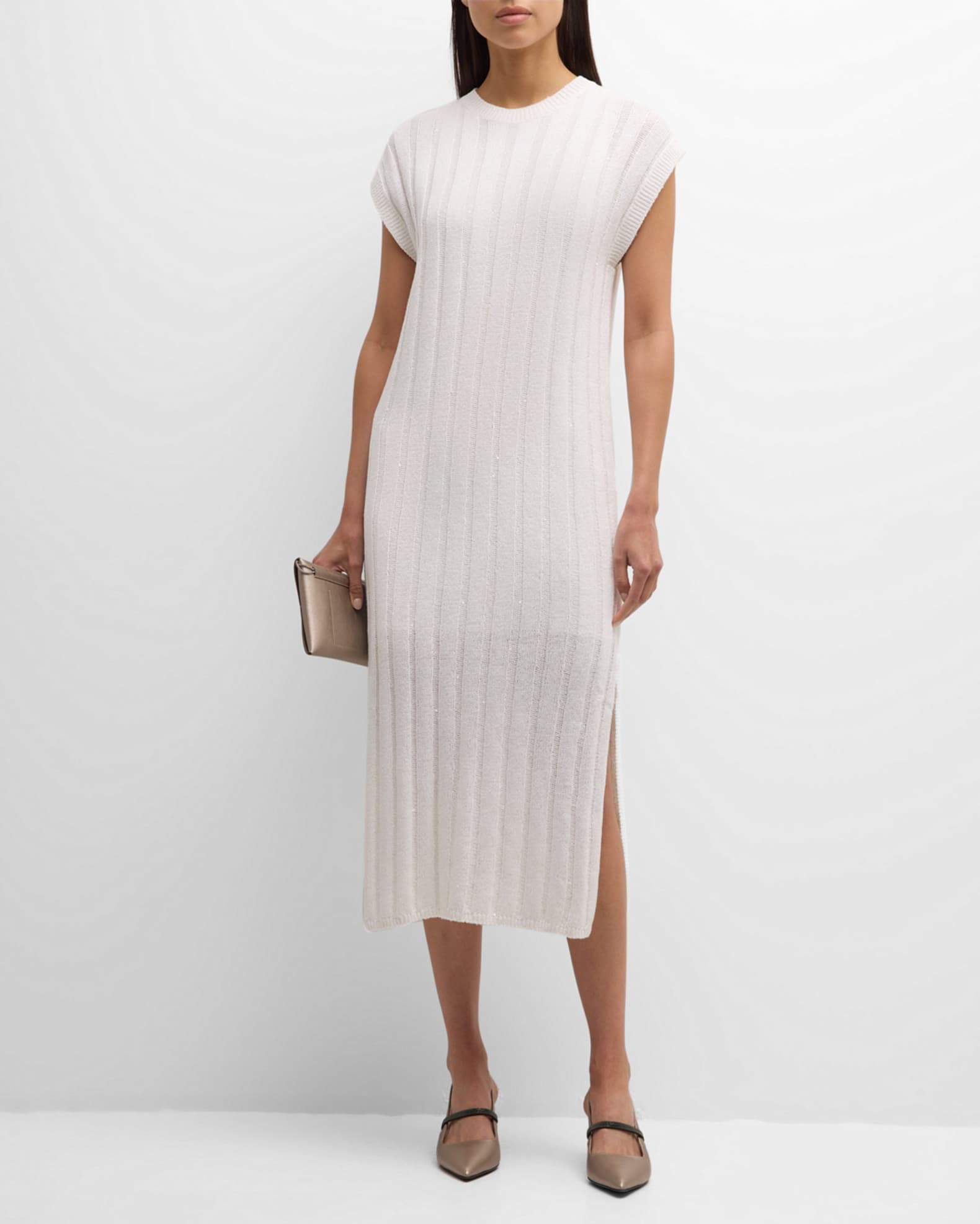 Brunello Cucinelli Paillette Rib Knit Cap-Sleeve Midi Dress | Neiman Marcus