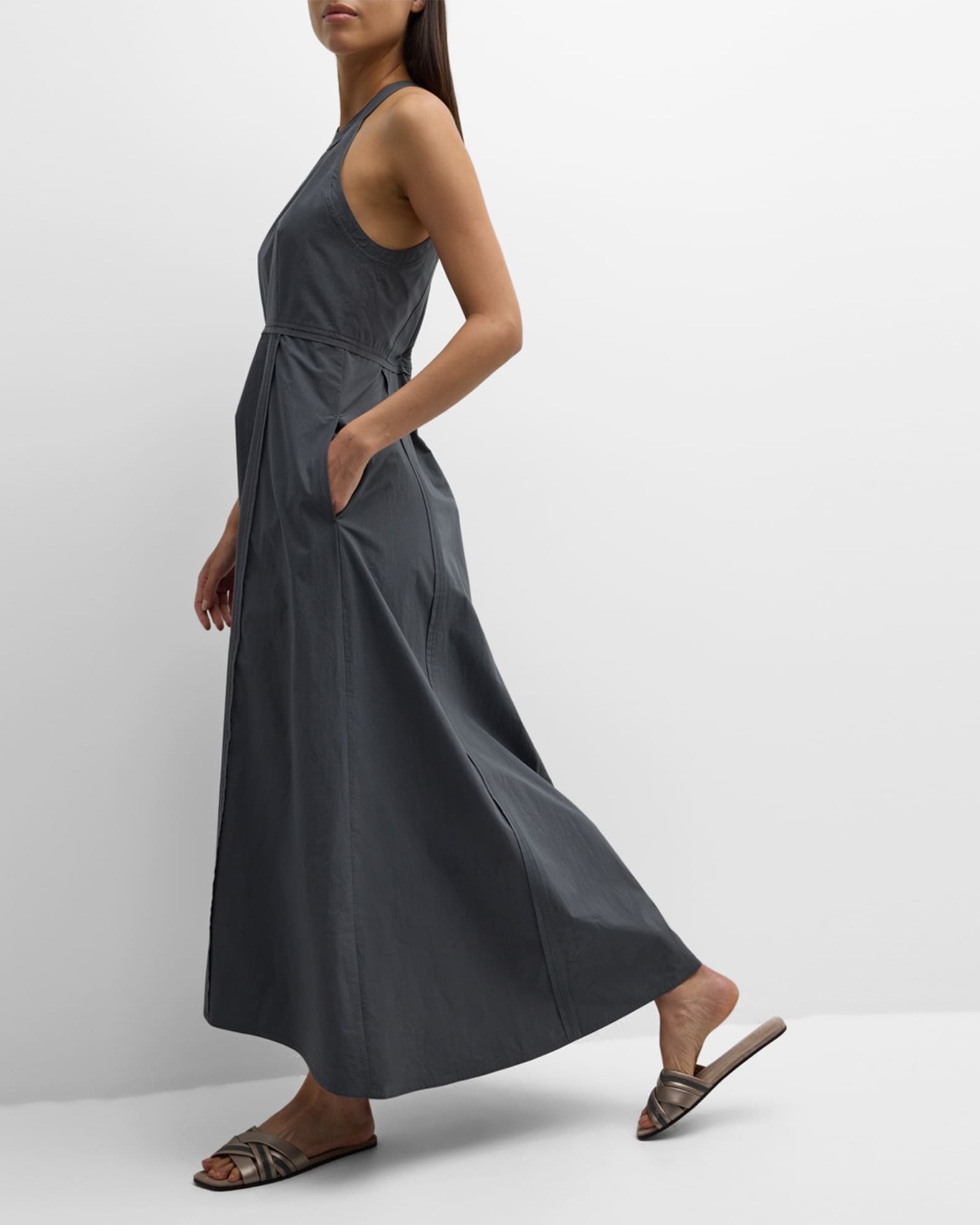 Brunello Cucinelli Crinkle Cotton Maxi Dress with Monili Collar ...