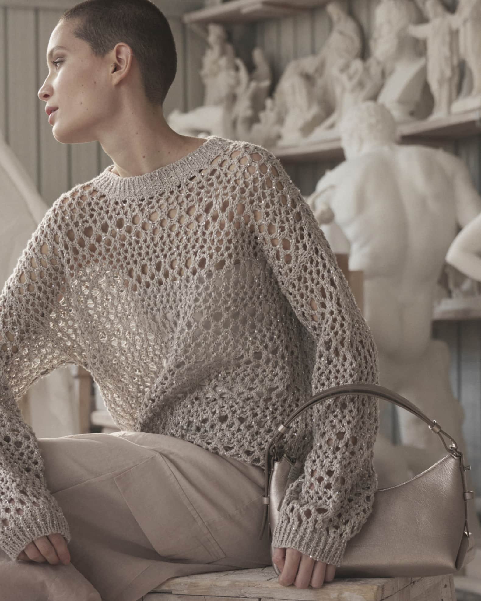 Brunello Cucinelli Paillette Open Weave Sweater with Tube Top | Neiman Marcus