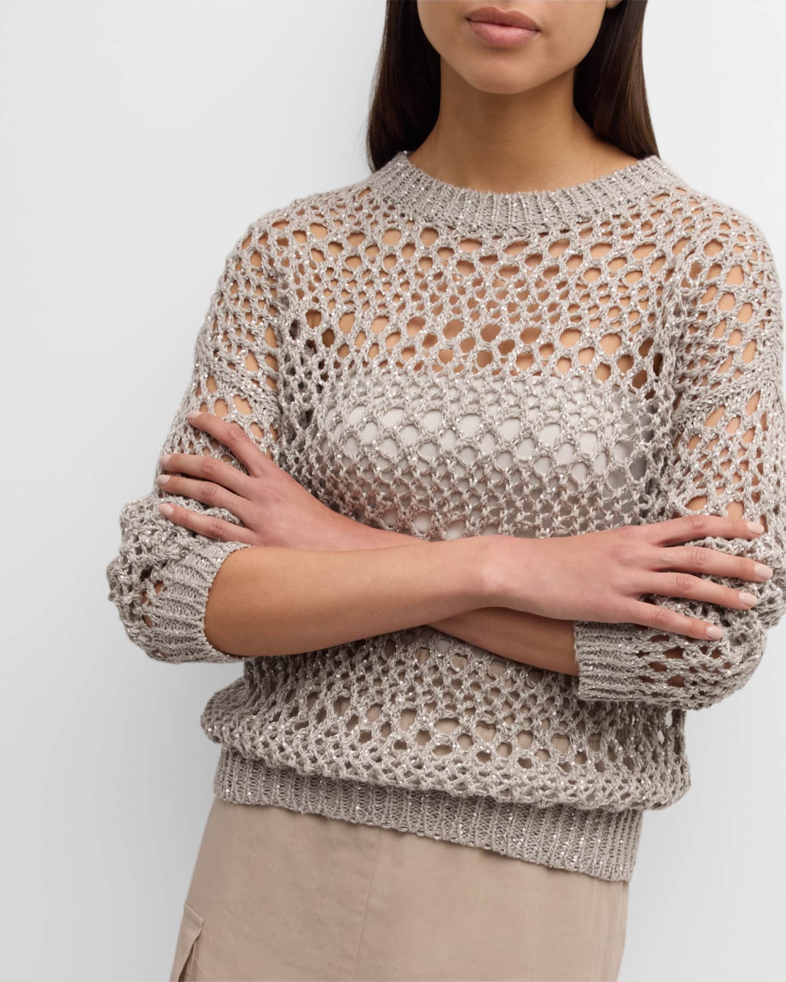 Brunello Cucinelli Paillette Open Weave Sweater with Tube Top | Neiman ...
