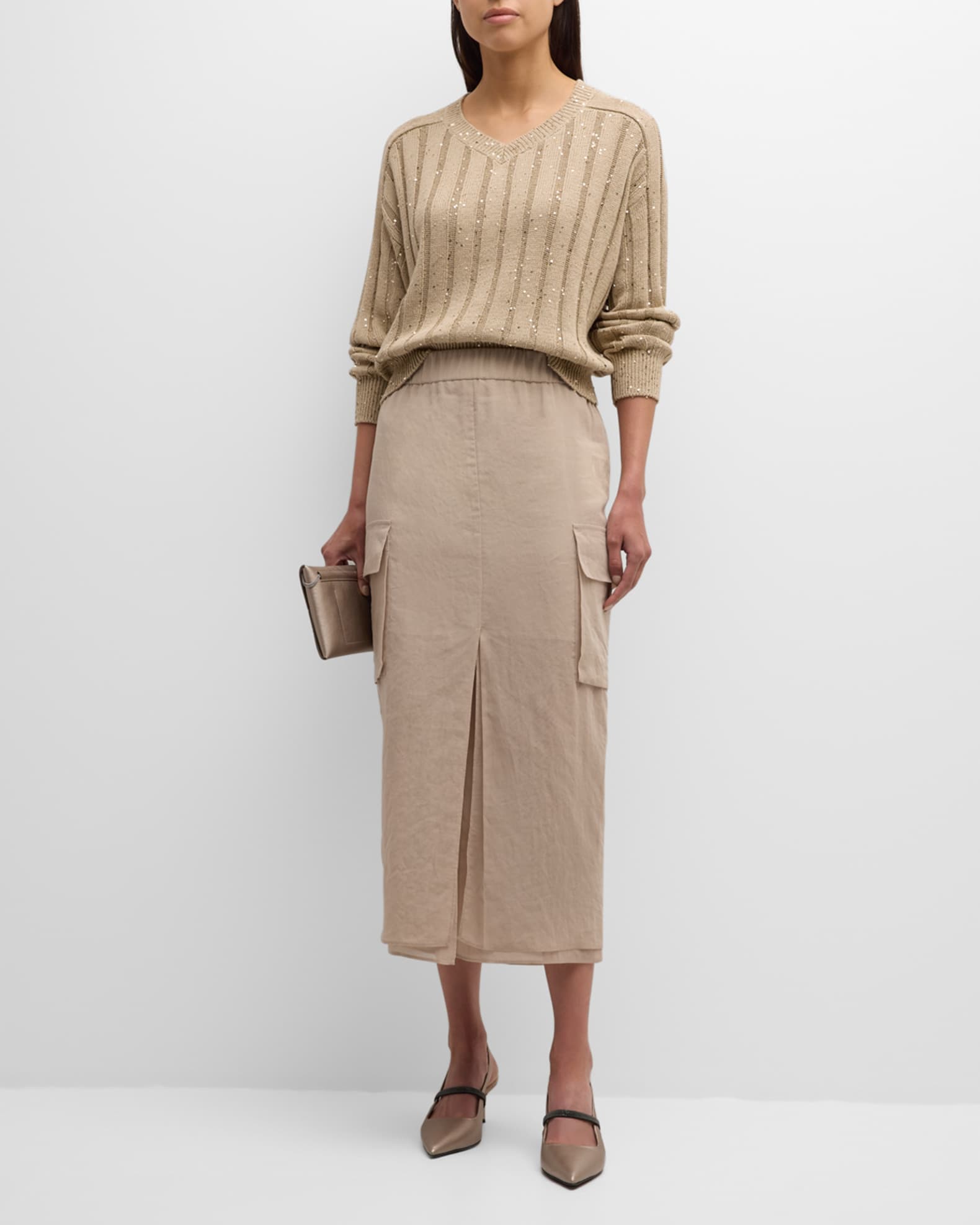 Brunello Cucinelli Chunky Ribbed Knit Sweater with Paillette Detail ...