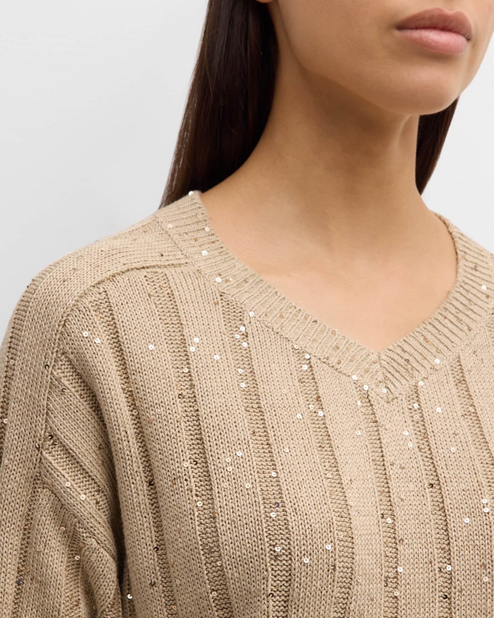 Brunello Cucinelli Chunky Ribbed Knit Sweater with Paillette Detail ...