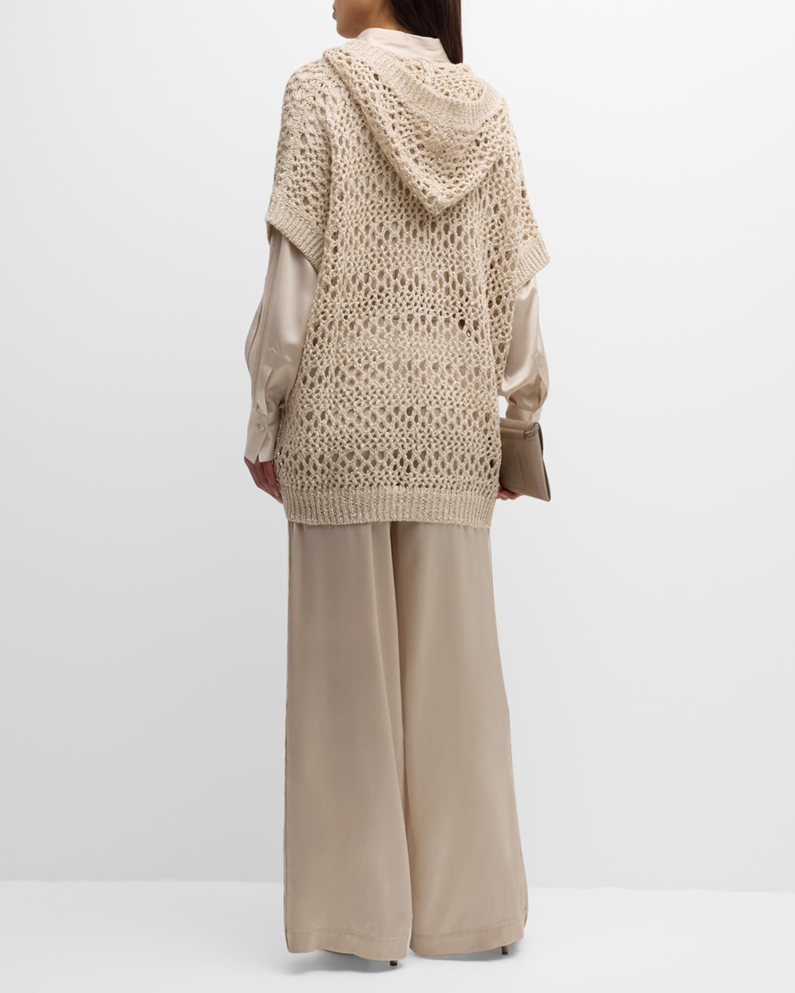 Brunello Cucinelli Open-Weave Knit Sweater Coat with Paillette Detail ...