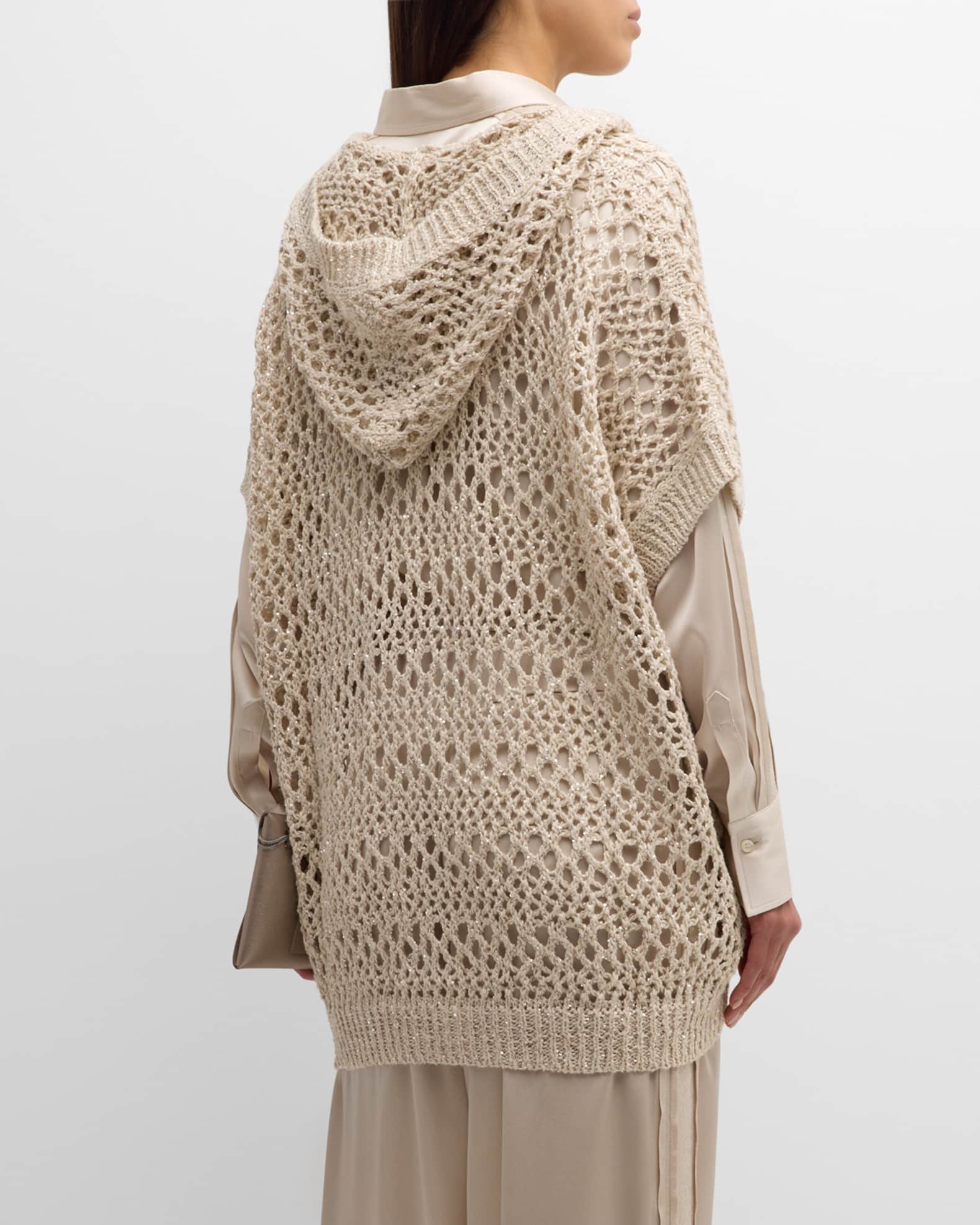 Brunello Cucinelli Open-Weave Knit Sweater Coat with Paillette Detail ...