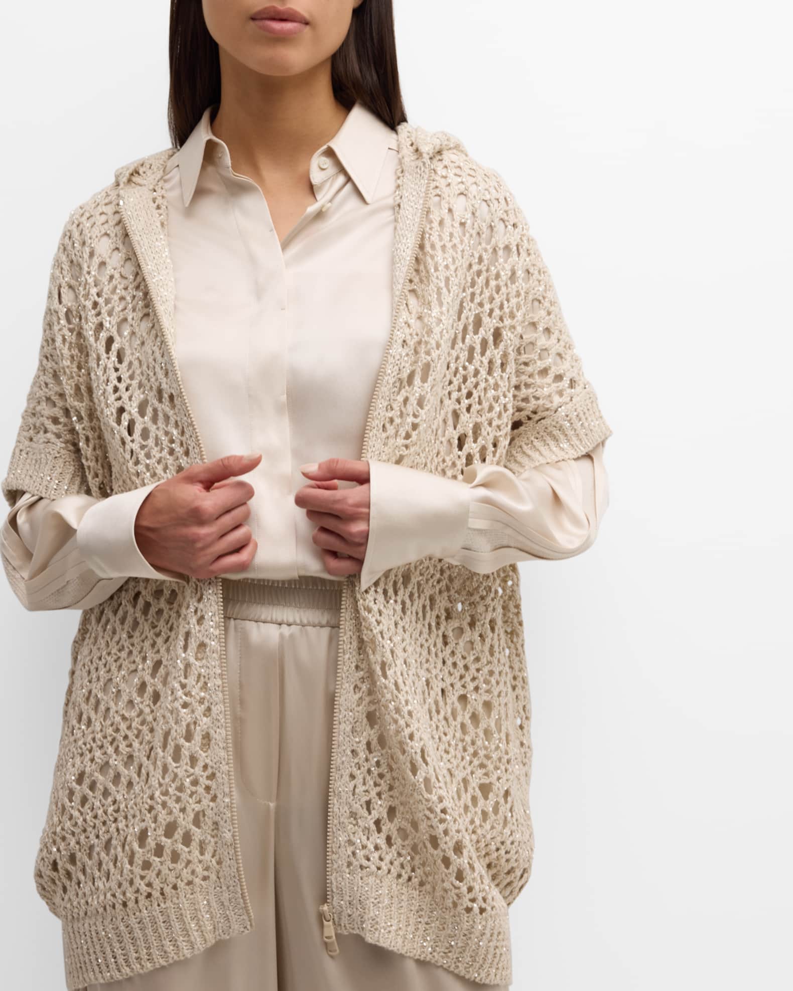 Brunello Cucinelli Open-Weave Knit Sweater Coat with Paillette Detail ...