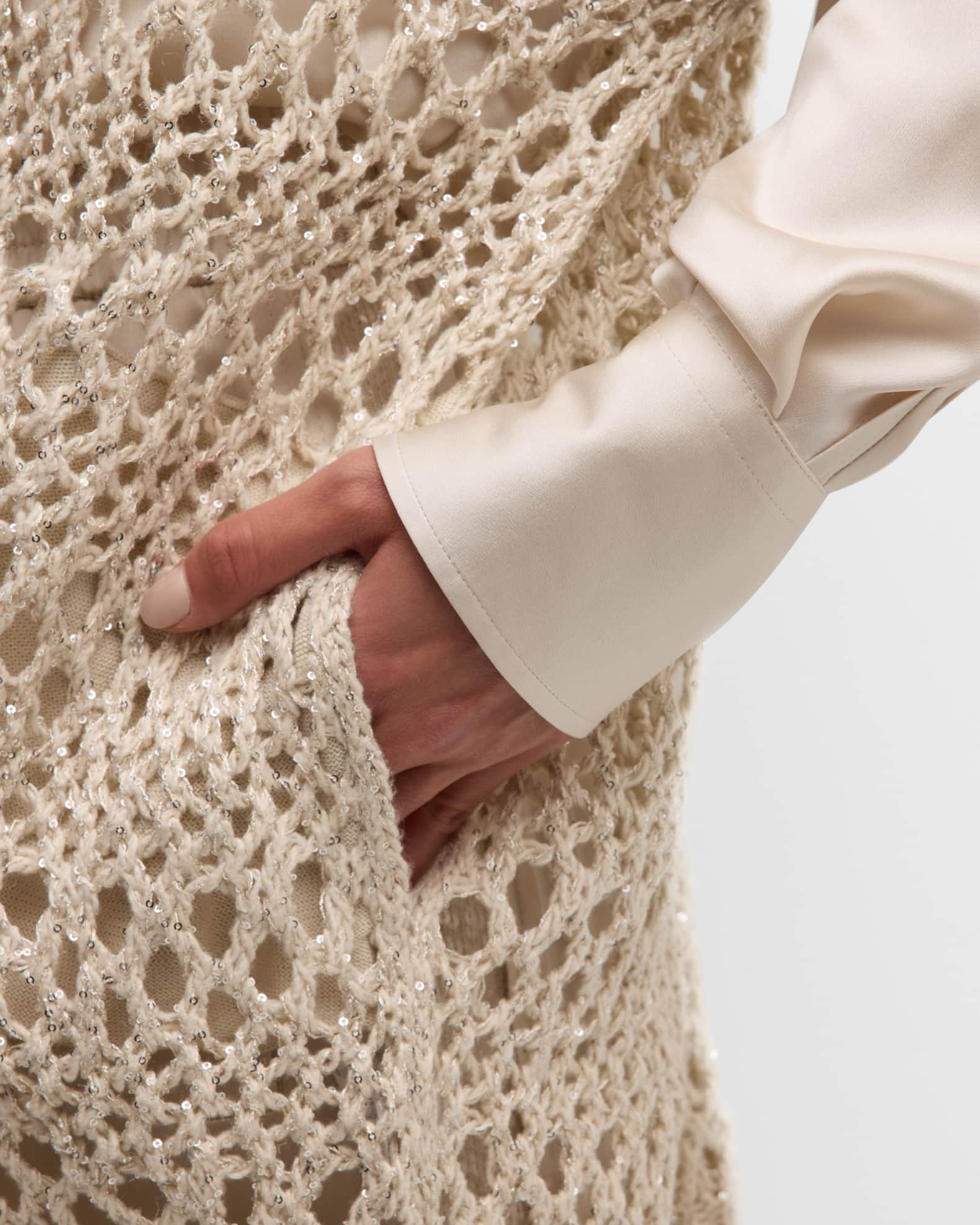 Brunello Cucinelli Open-Weave Knit Sweater Coat with Paillette Detail ...