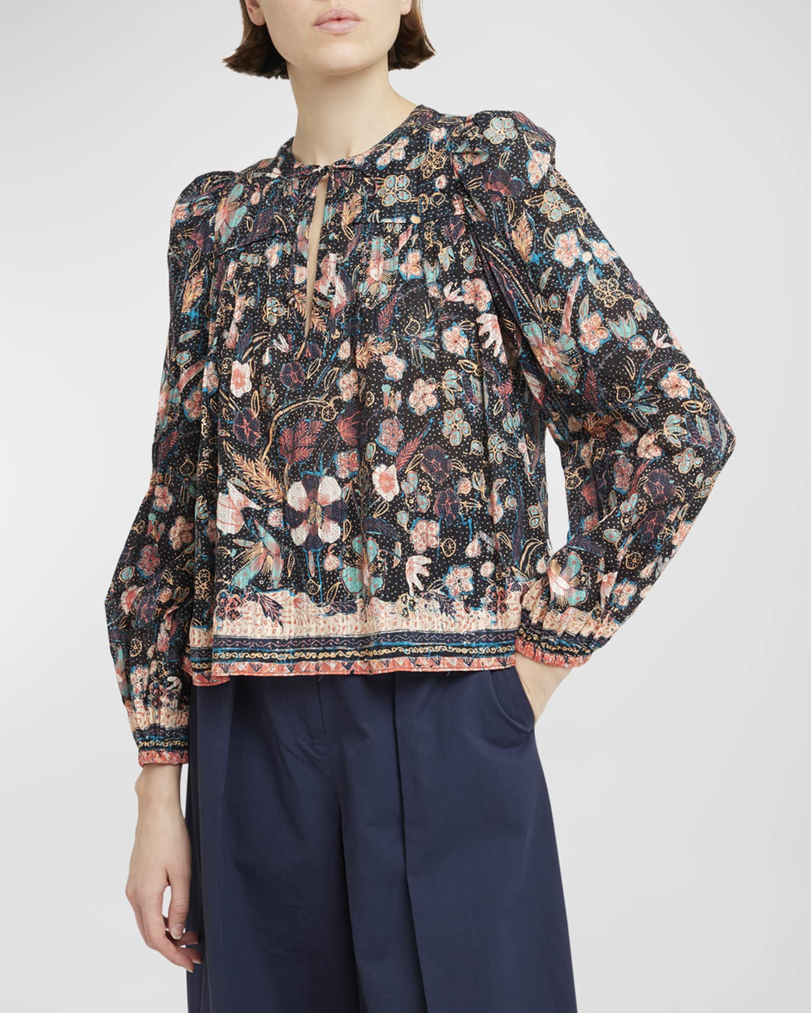 Ulla Johnson Andi Floral-Print Pintuck Keyhole Blouse | Neiman Marcus