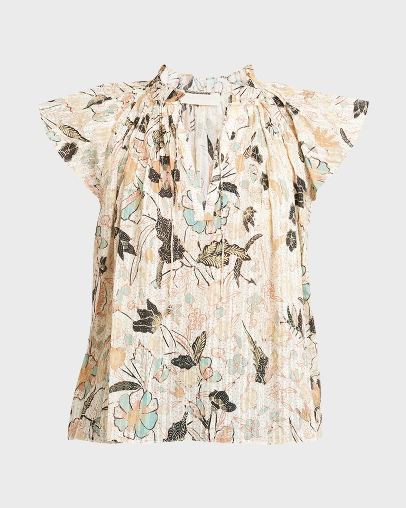 Ulla Johnson Cleo Split-Neck Ruffled Floral Top | Neiman Marcus