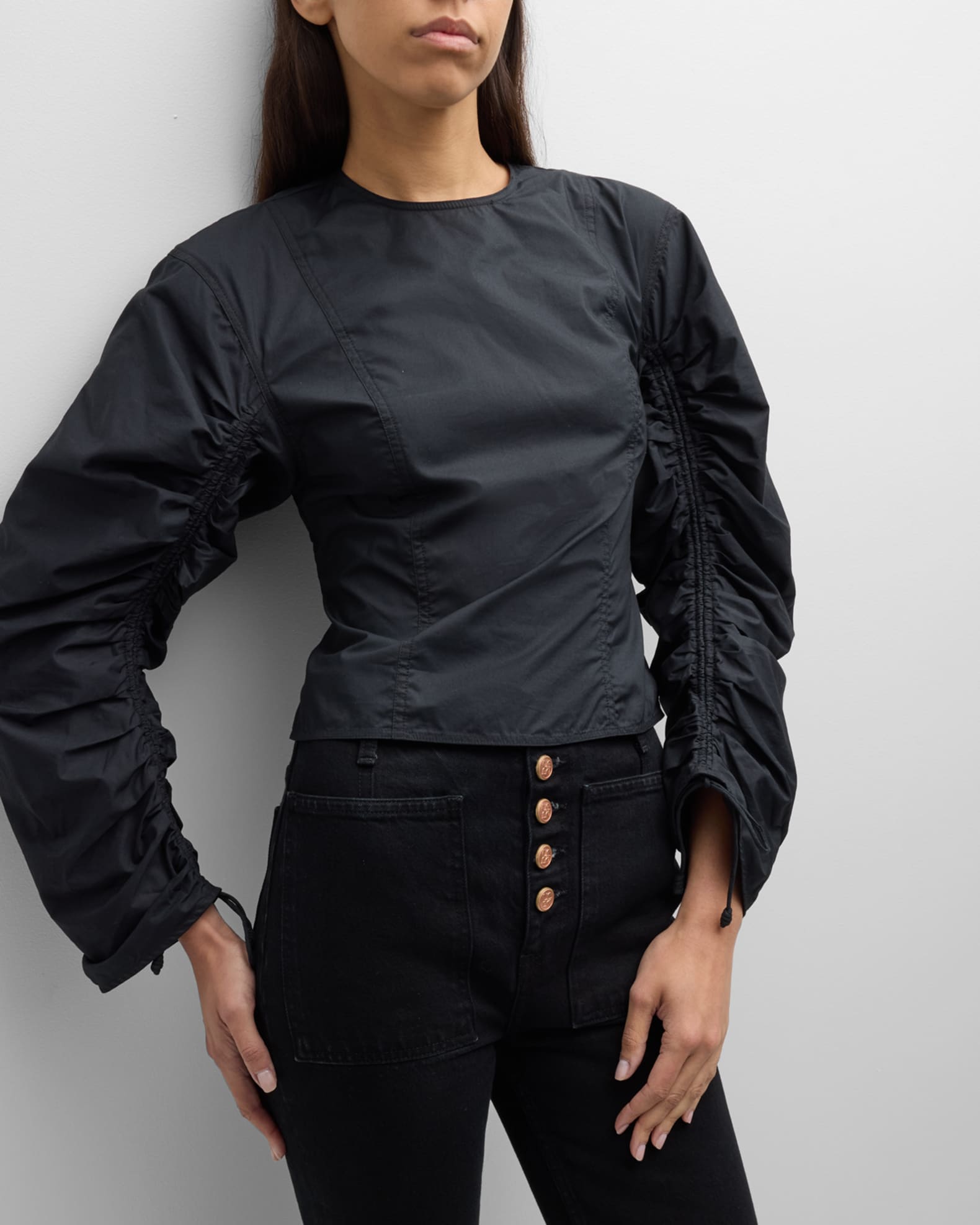 Ulla Johnson Lorna Ruched Puff-Sleeve Cotton Poplin Blouse | Neiman Marcus