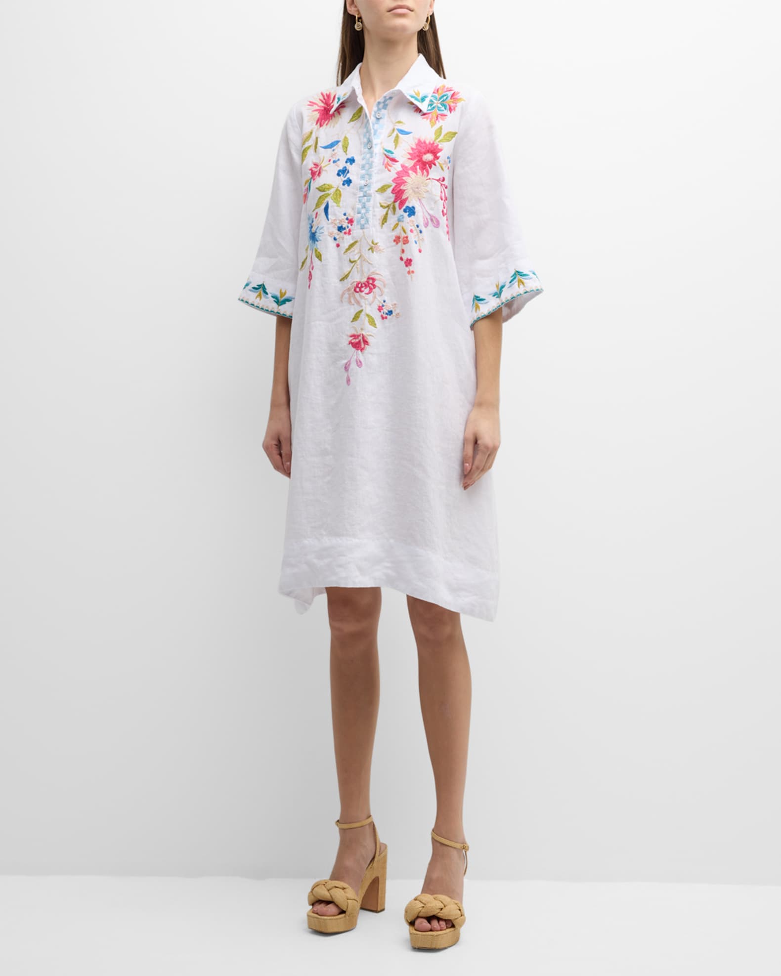 Johnny Was Julie Floral-Embroidered Linen Shift Dress | Neiman Marcus
