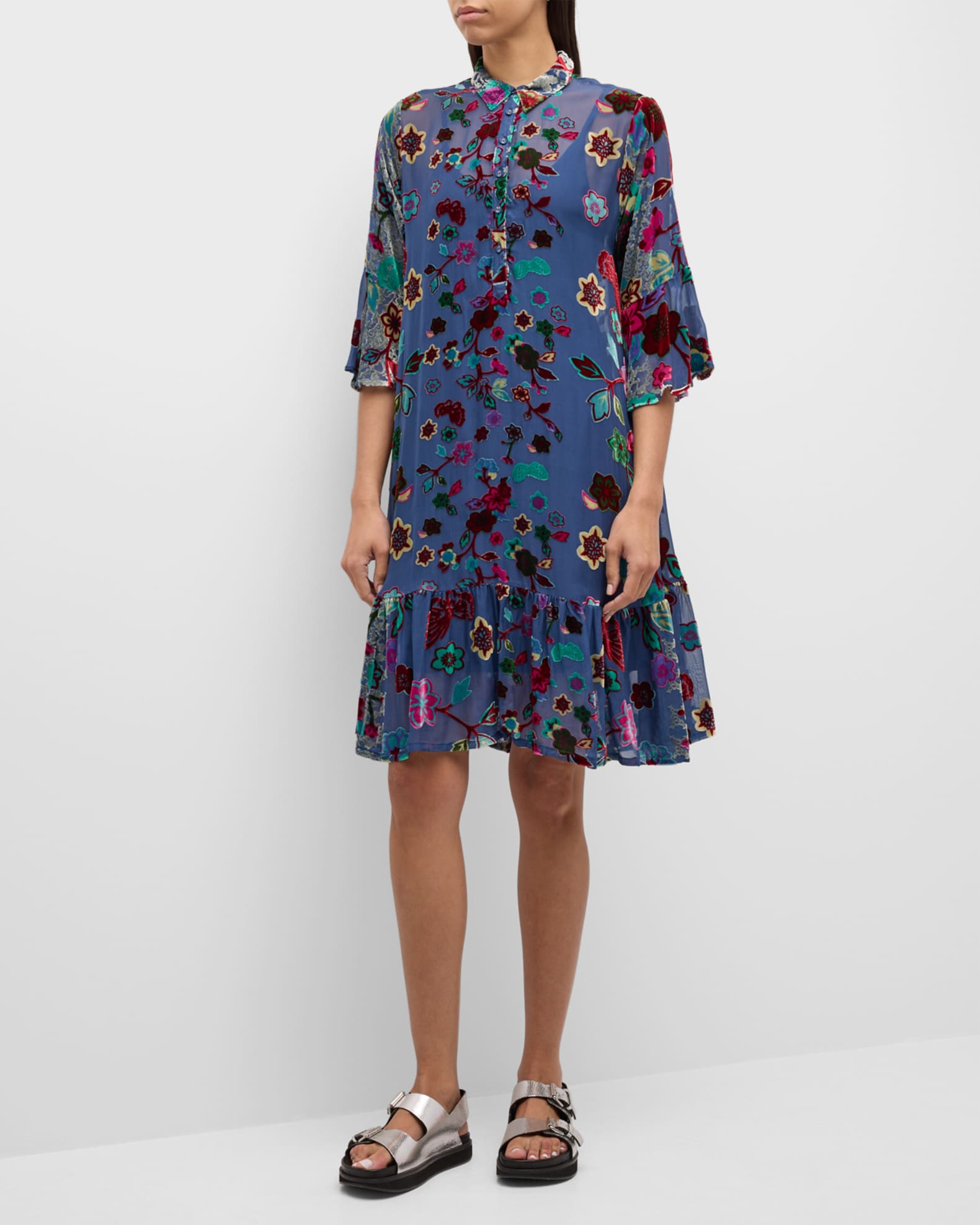 Johnny Was 3/4-Sleeve Floral Burnout Flounce Midi Dress | Neiman Marcus