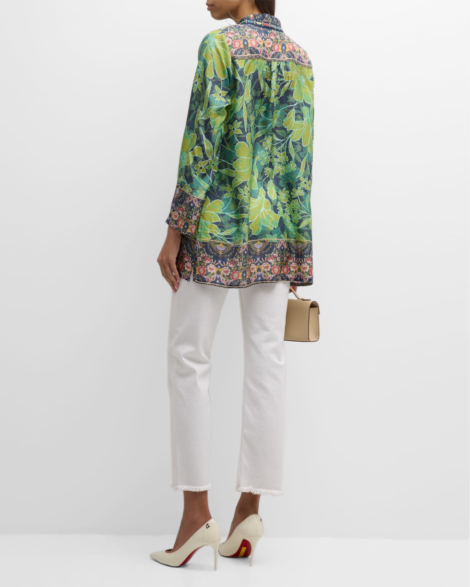 Johnny Was Hirz Tali Floral-Print Embroidered-Trim Tunic | Neiman Marcus