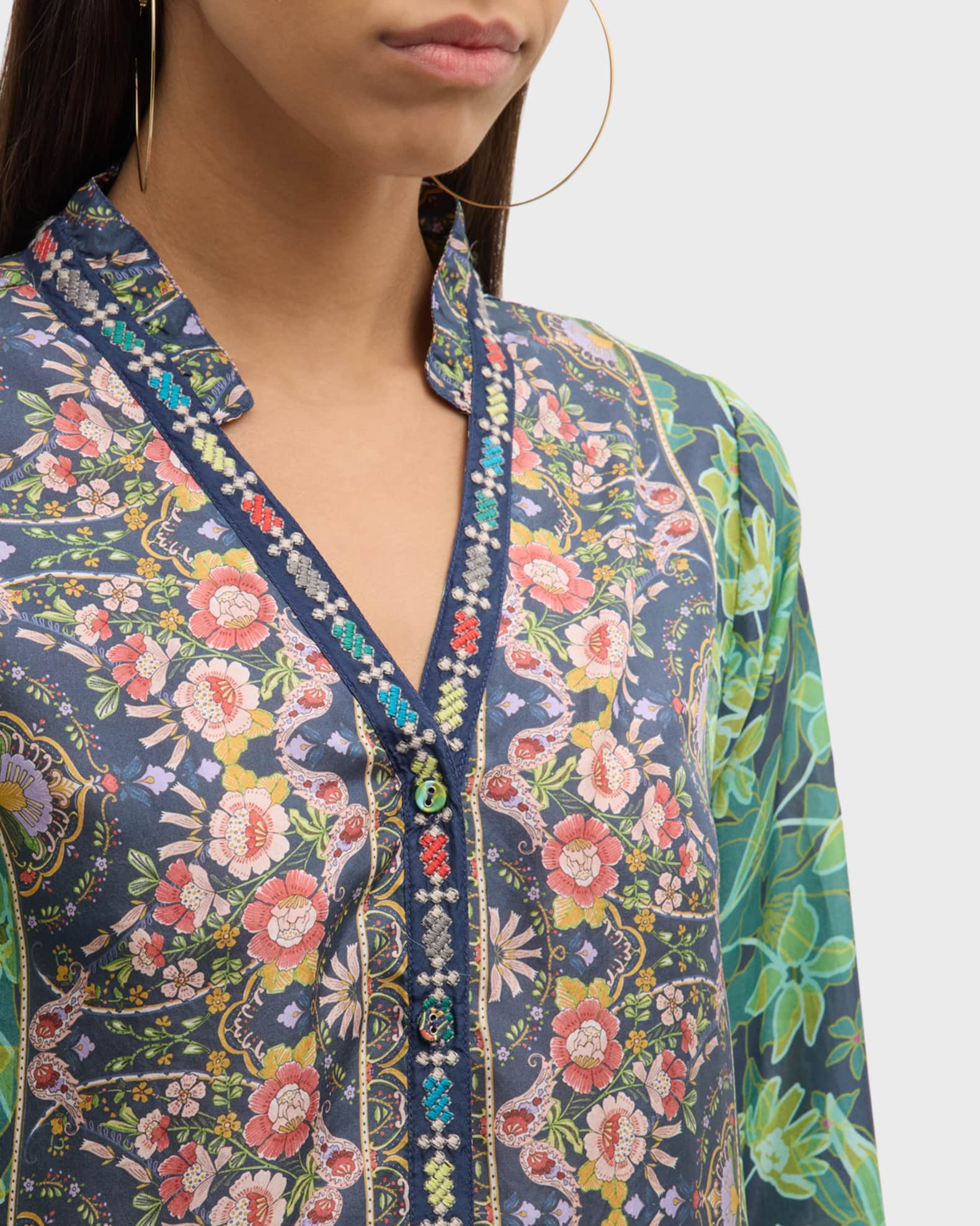 Johnny Was Hirz Tali Floral-Print Embroidered-Trim Tunic | Neiman Marcus