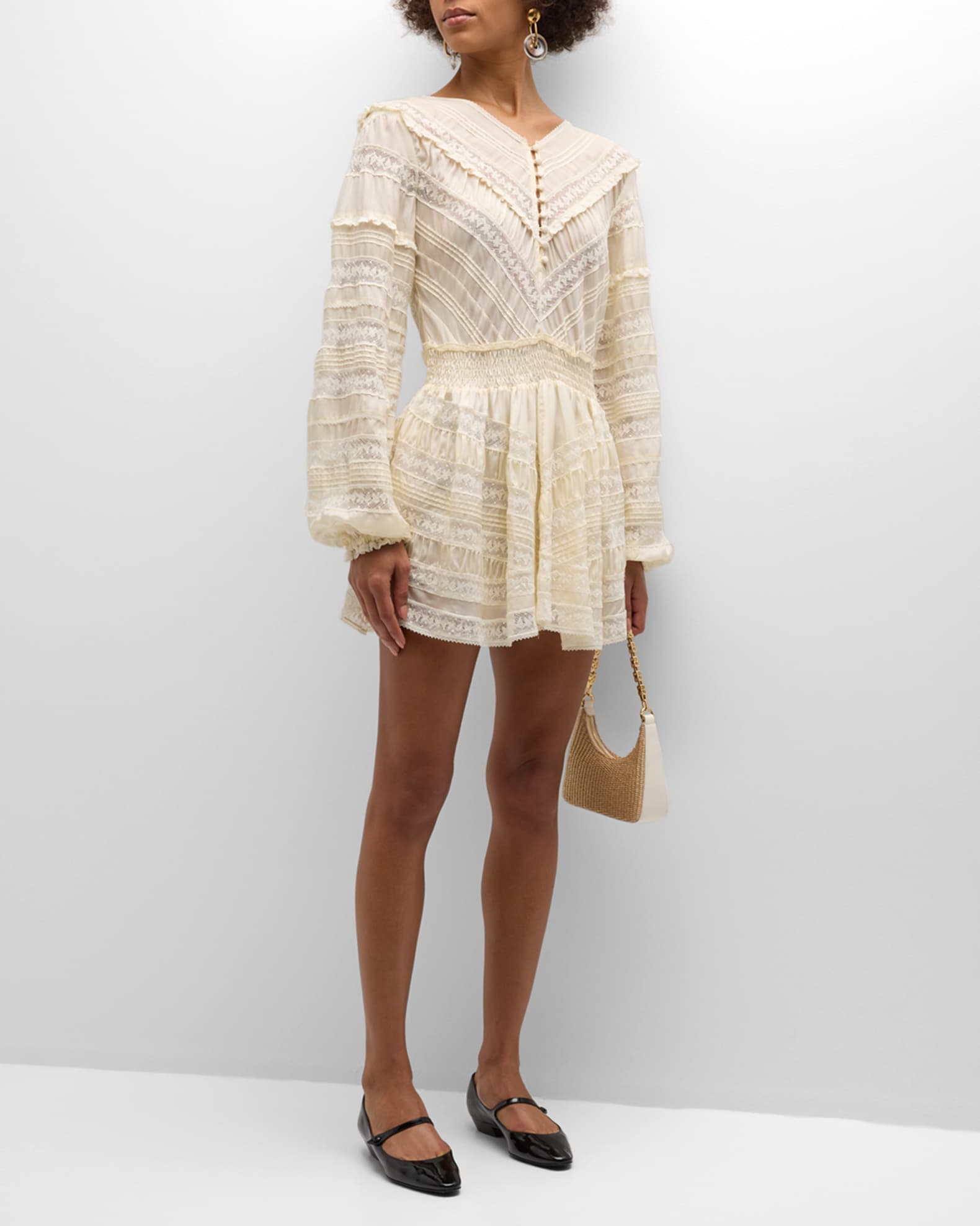 LoveShackFancy Jones Victorian Lace V-Neck Mini Dress | Neiman Marcus