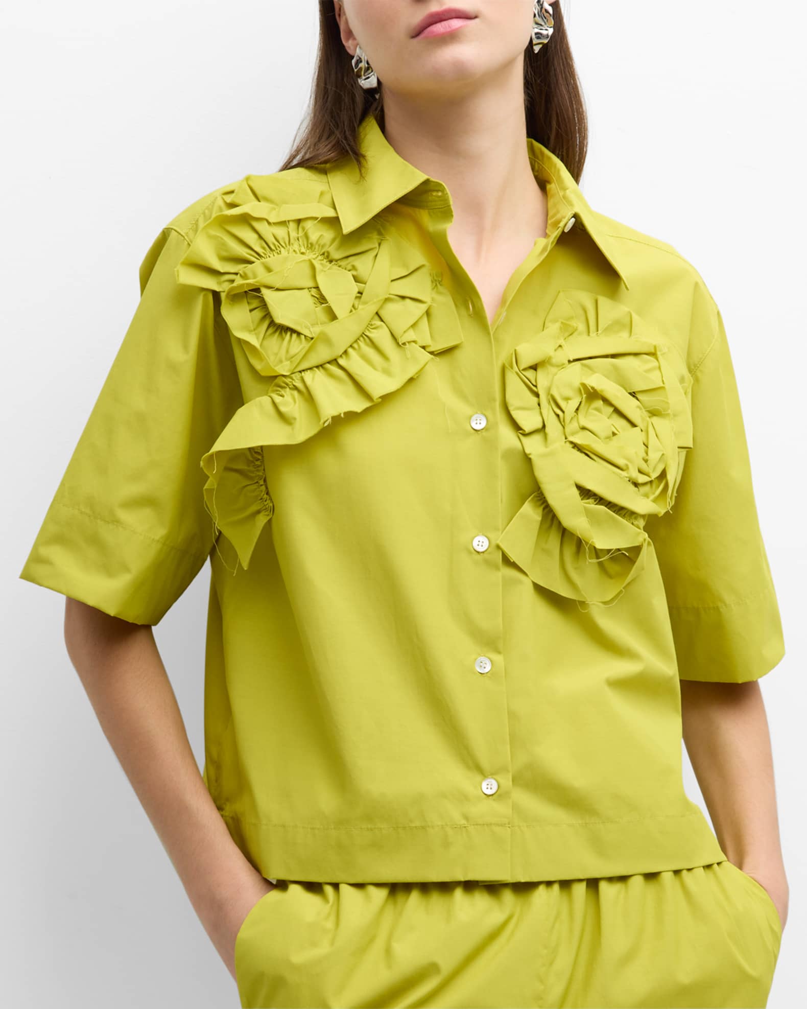 Natori Boxy Ruffle Cotton Poplin Shirt | Neiman Marcus