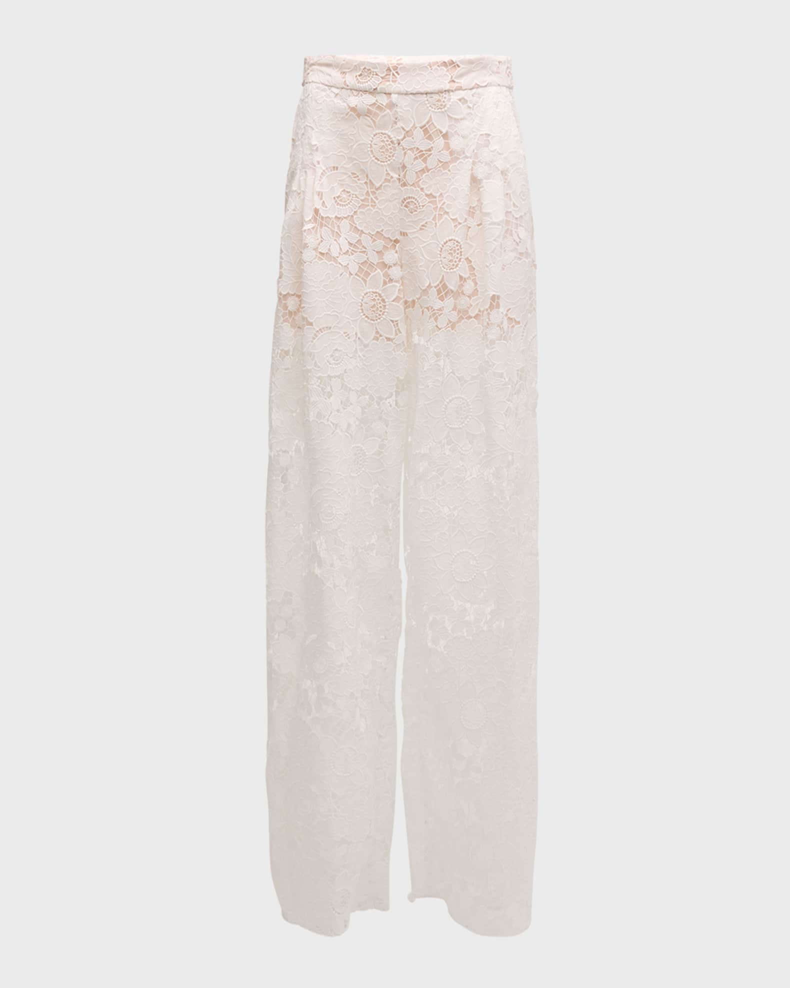 Oscar de la Renta Mixed Botanical Guipure Wide-Leg Pleated Pants ...