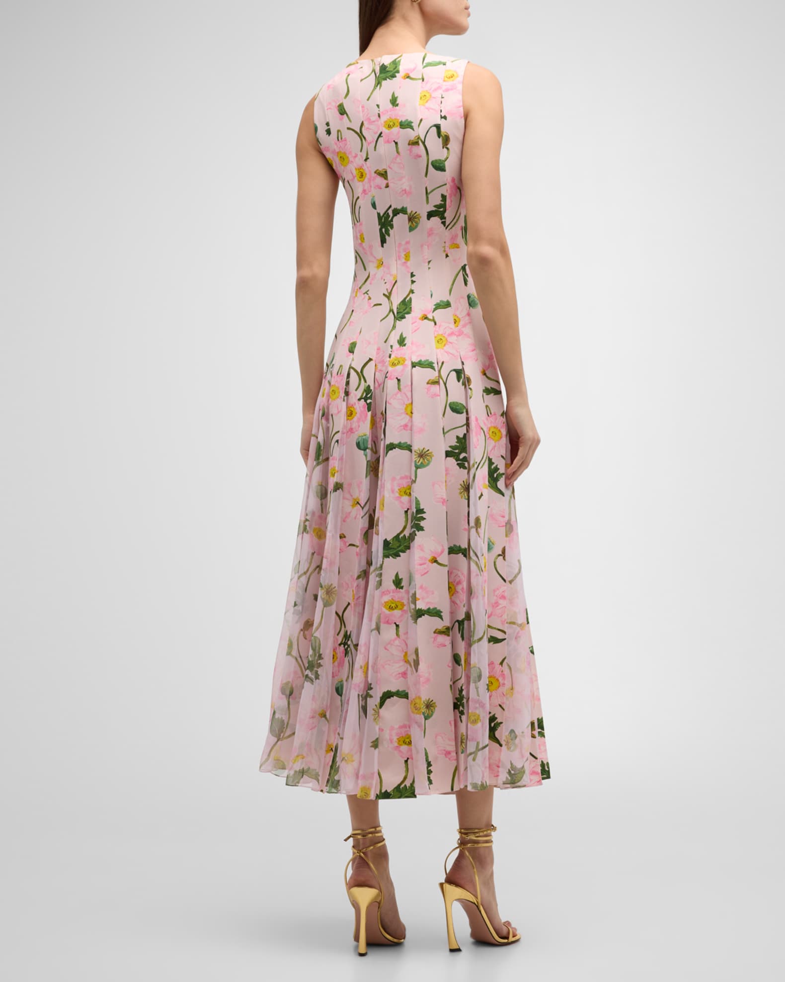 Oscar de la Renta Square-Neck Painted Poppies Pleated Cady Sleeveless ...