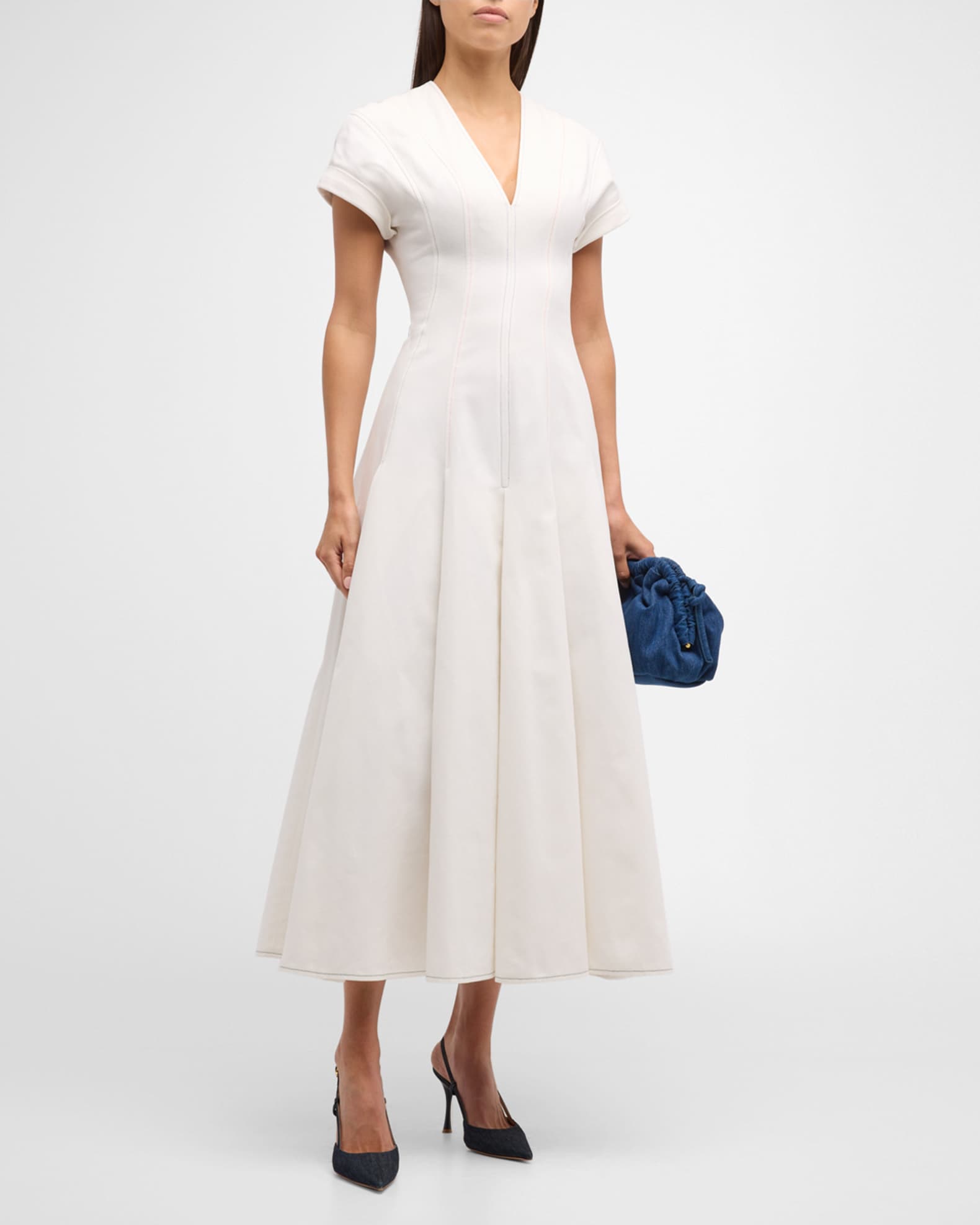 Jonathan Cohen Cap-Sleeve Midi Dress with Colorful Stitch Details ...